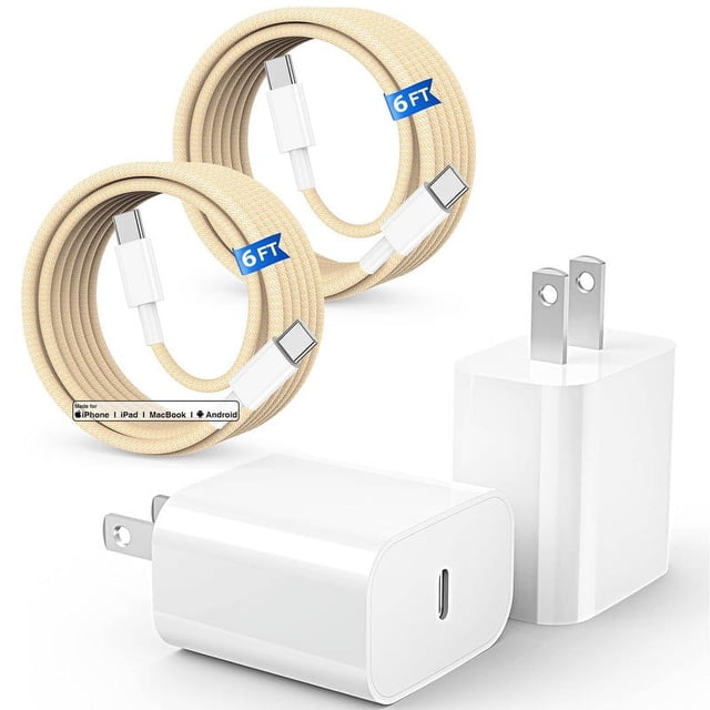 TTech 2 Pack 20W USB-C PD Power Adapter Fast Wall Charger + 2x USB-C to ...