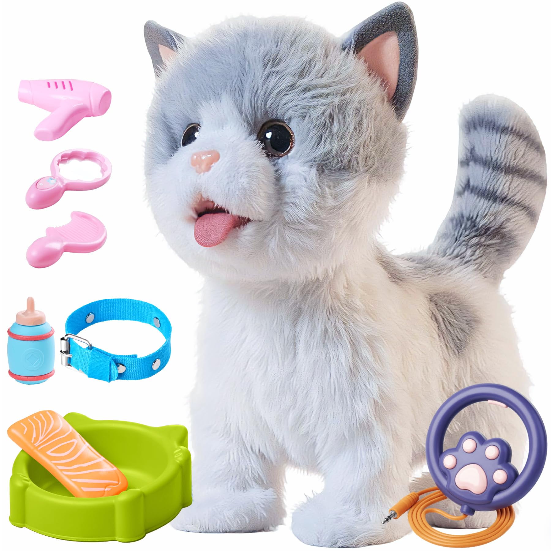 OR OR TU Walking Toy Cat with Remote Control Leash, Plush Cat ...