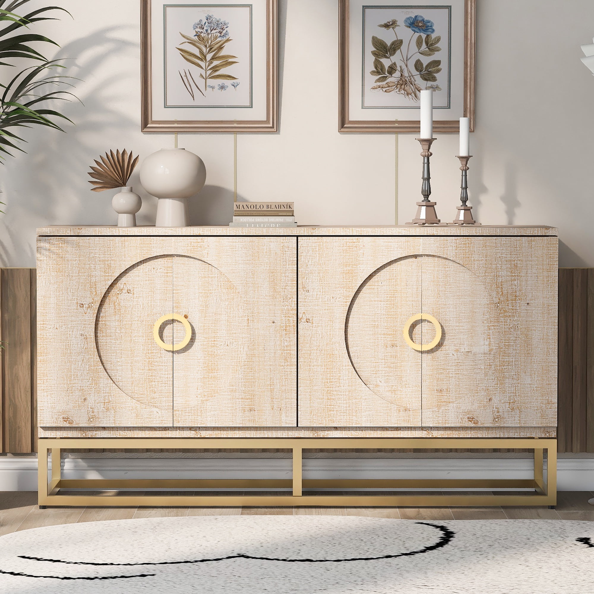 TUANLUO Beige 4-Doors Accent Cabinet with Gold Metal Legs, Entryway ...