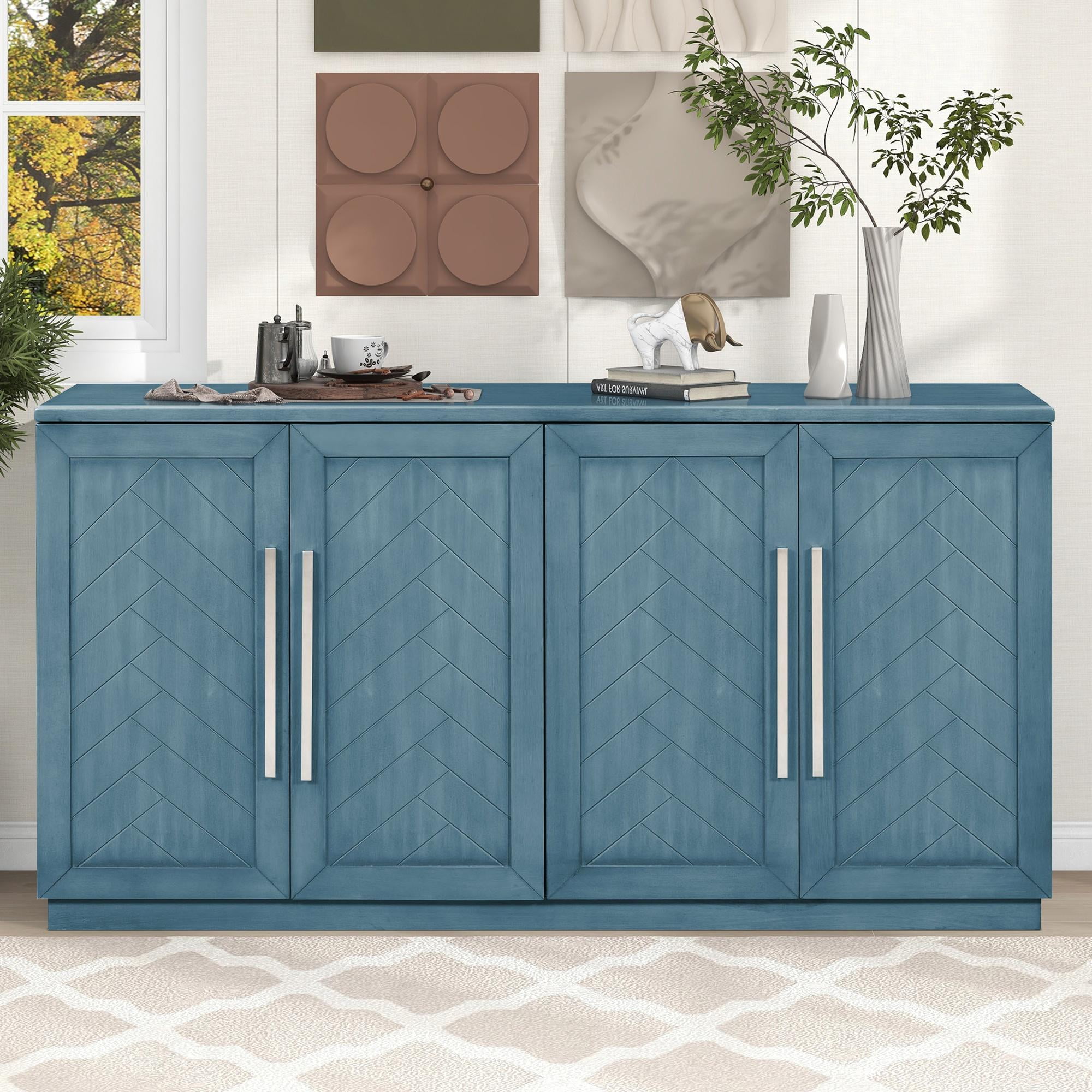 TUANLUO Blue Buffet Sideboard Cabinet, Accent Cabinet with 4 Doors ...