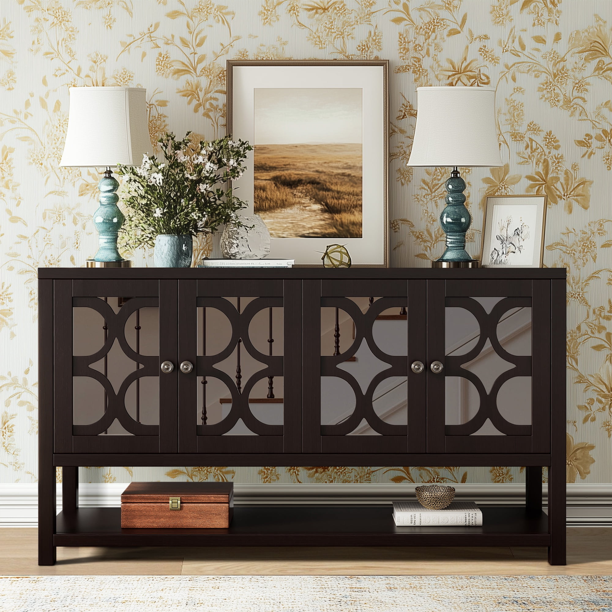 TUANLUO Mirrored Accent Cabinet, Buffet Cabinet with 4 Doors, Mirrored ...