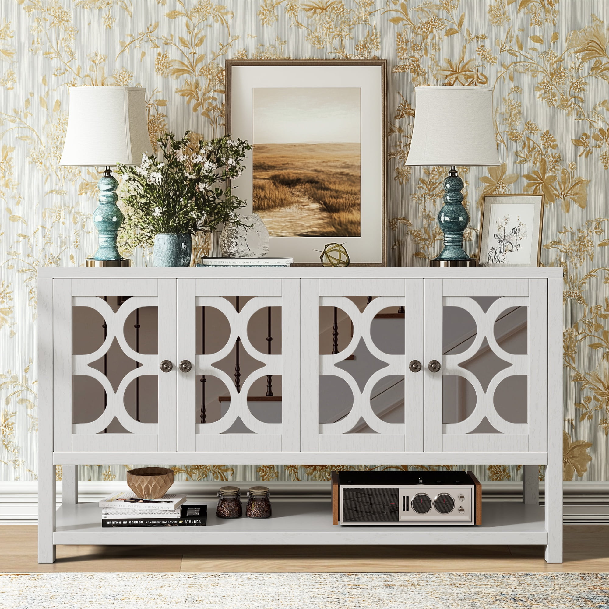 TUANLUO Mirrored Accent Cabinet, Buffet Cabinet with 4 Doors, Mirrored ...