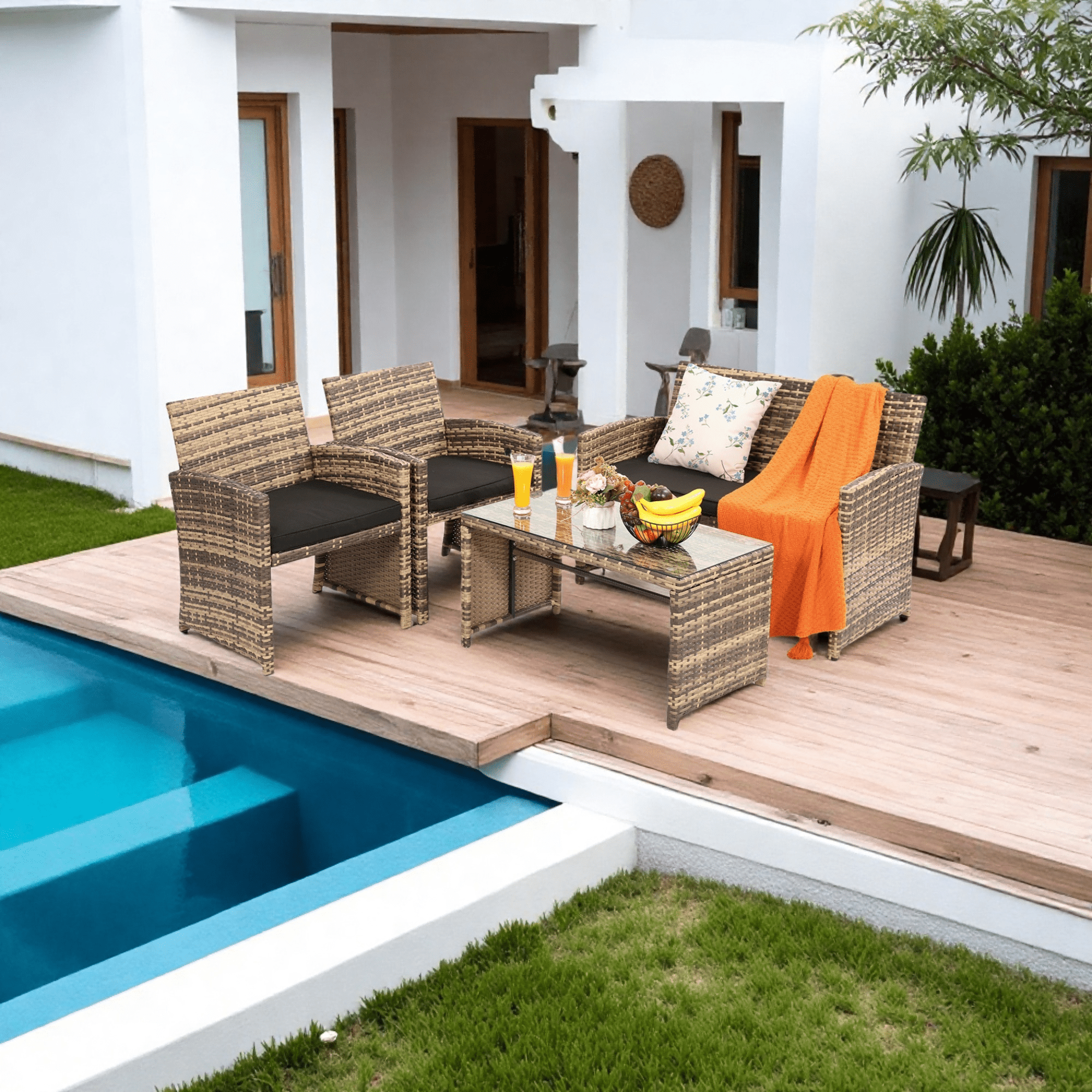 TUAREX Rattan Patio Sofa Set, 4 Pieces Outdoor Wicker Patio Furniture with Thick Cushions ...