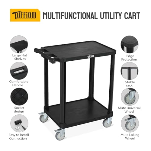 TUFFIOM 2-Tier Plastic Service Utility Cart, Rolling Flat Cart with ...