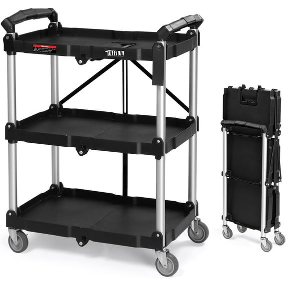 TUFFIOM 3-Tier Folding Utility Cart, Foldable Rolling Cart with Wheels ...
