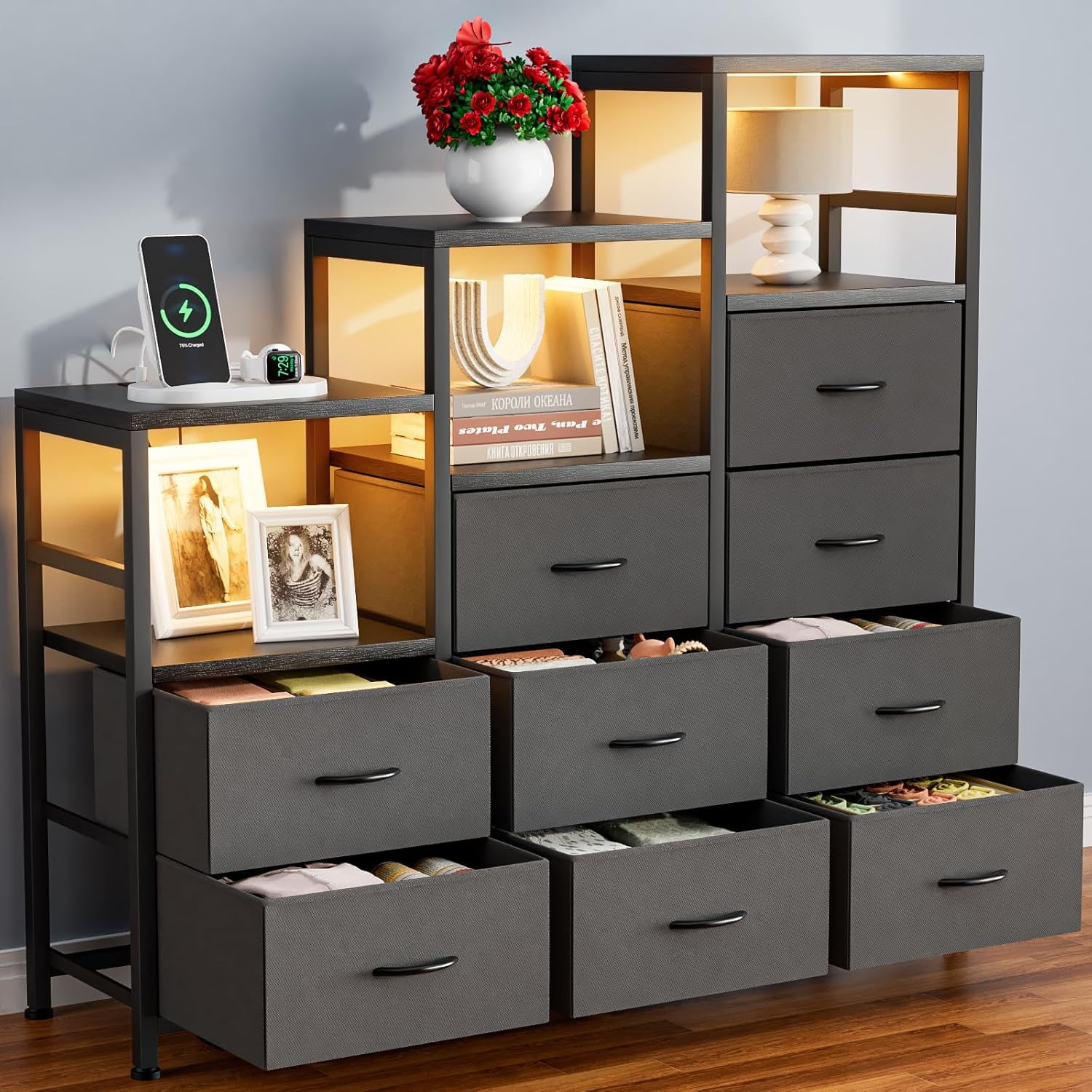 TUFVINBOI 9 Drawer Dresser with LED Light Tall Fabric Drawers Dresser ...