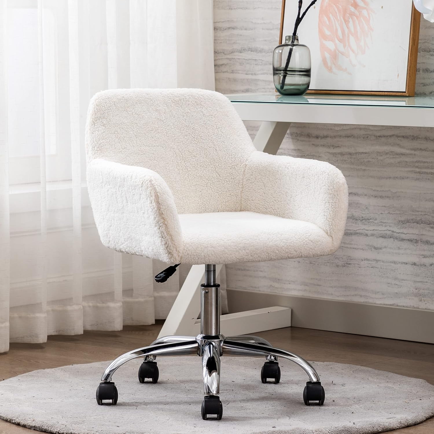 TUFVINBOI Fluffy Desk Chair Faux Fur White Vanity Chair Swivel Office ...