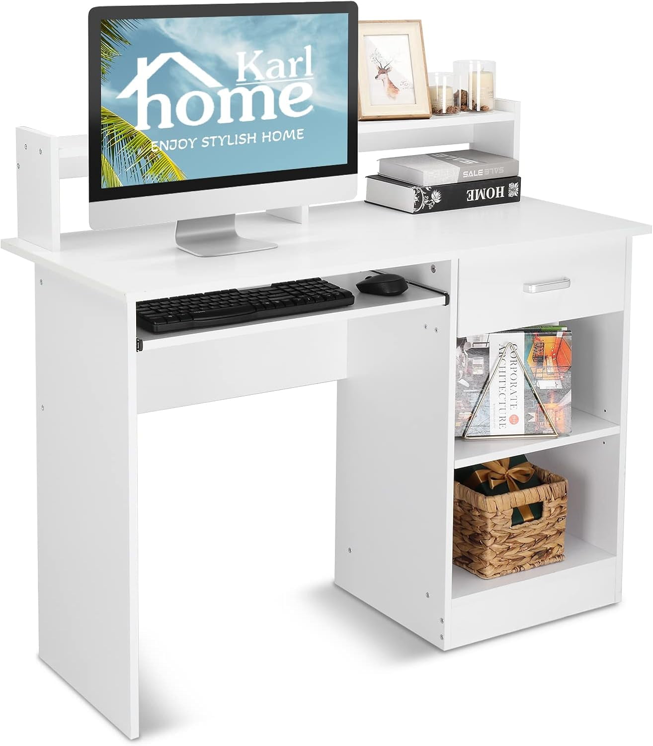 TUFVINBOI Grey Computer Desk with Drawers ＆ Hutch Office Desks with ...