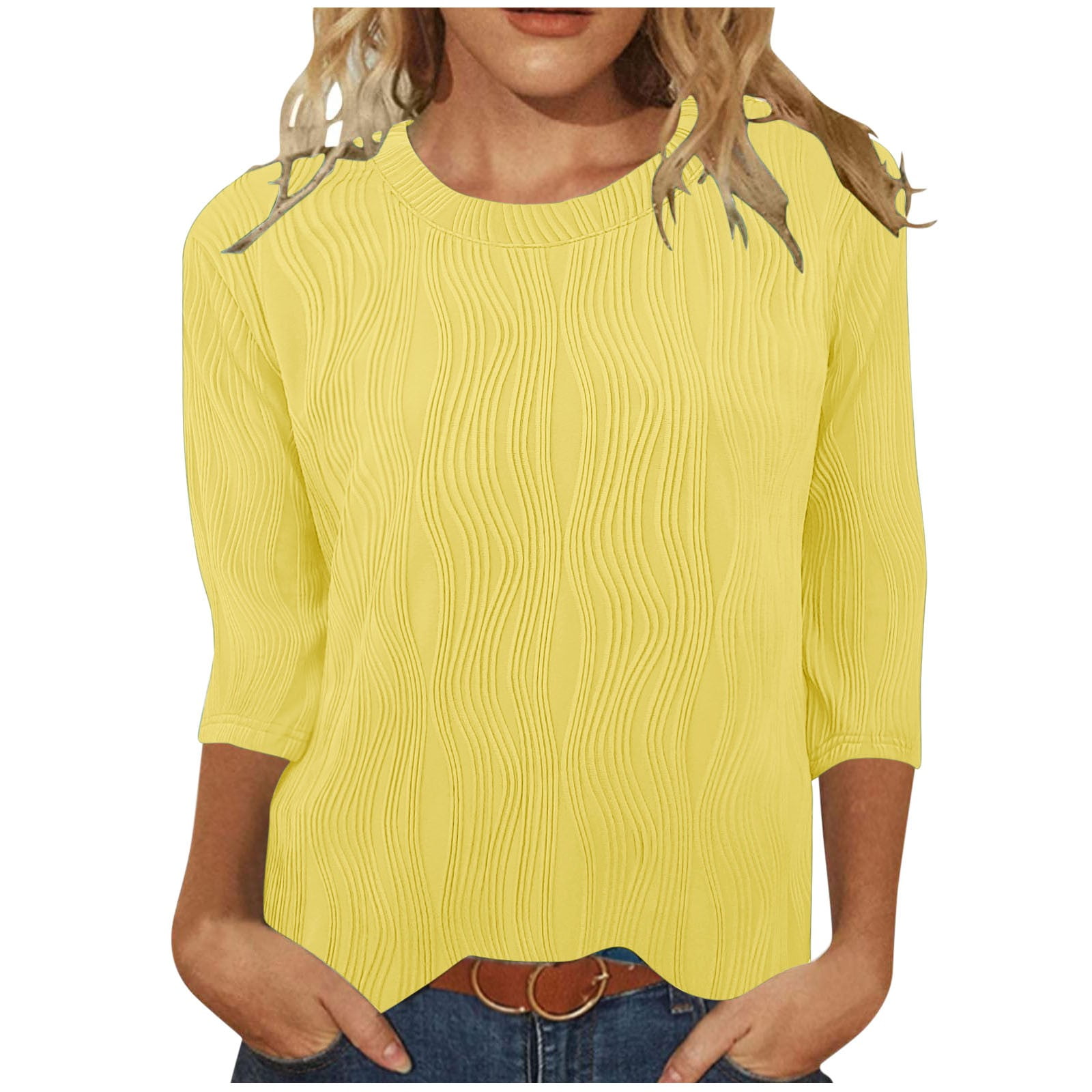 TUGOXIE 3/4 Sleeve Womens Tops Casual Crew Neck Solid Yellow Casual ...