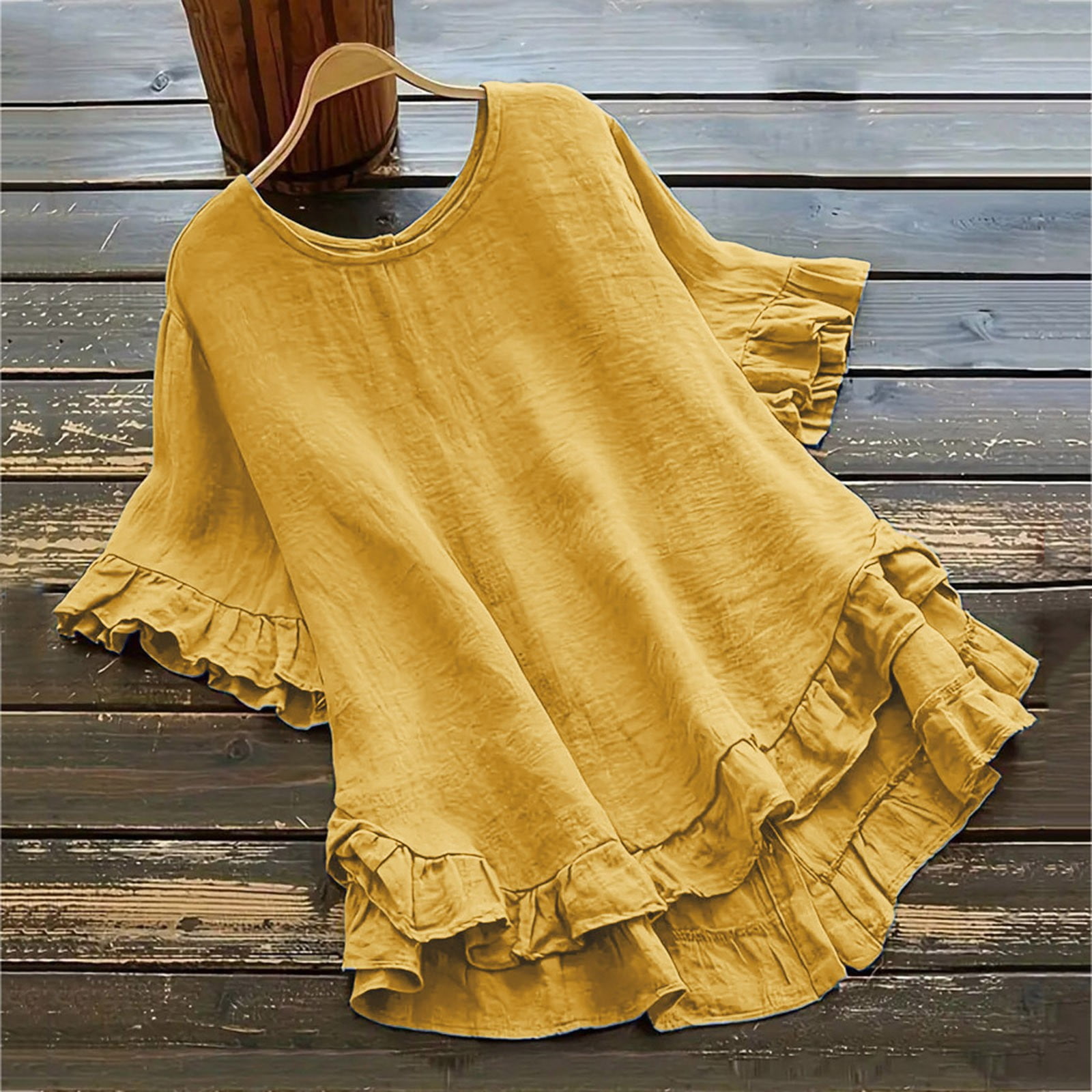 TUGOXIE Basic Womens Summer Shirts Short Sleeve Yellow Loose Fit Crew ...