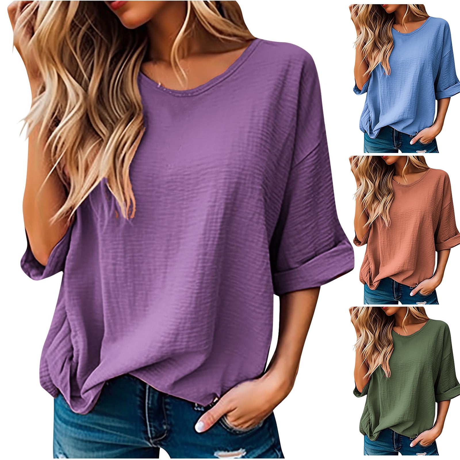 TUGOXIE Basic Womens Tops Trendy Short Sleeve Purple Tunic Loose Fit ...