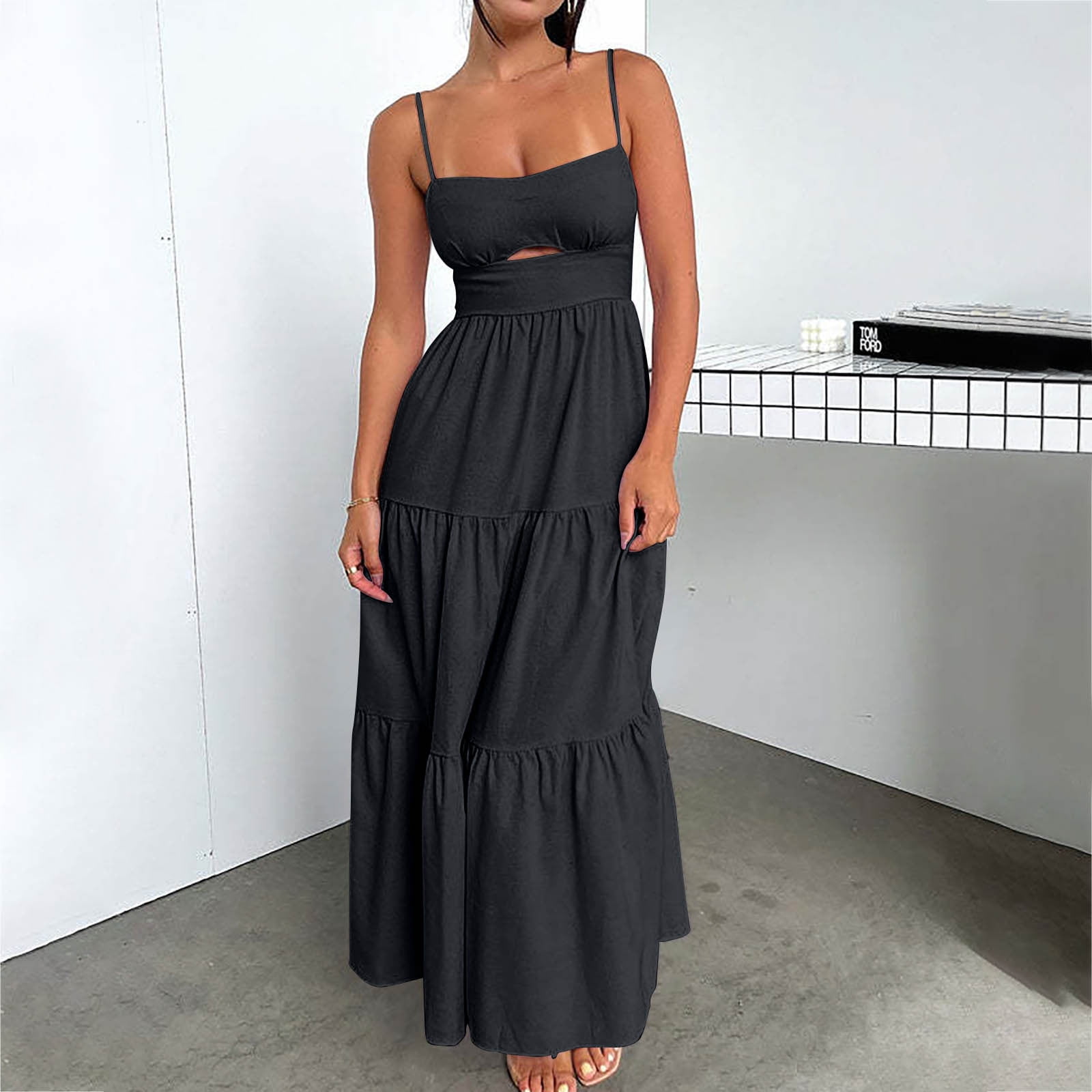 TUGOXIE Boho Flowy Dresses for Women Black Loose Casual Maxi Floral ...