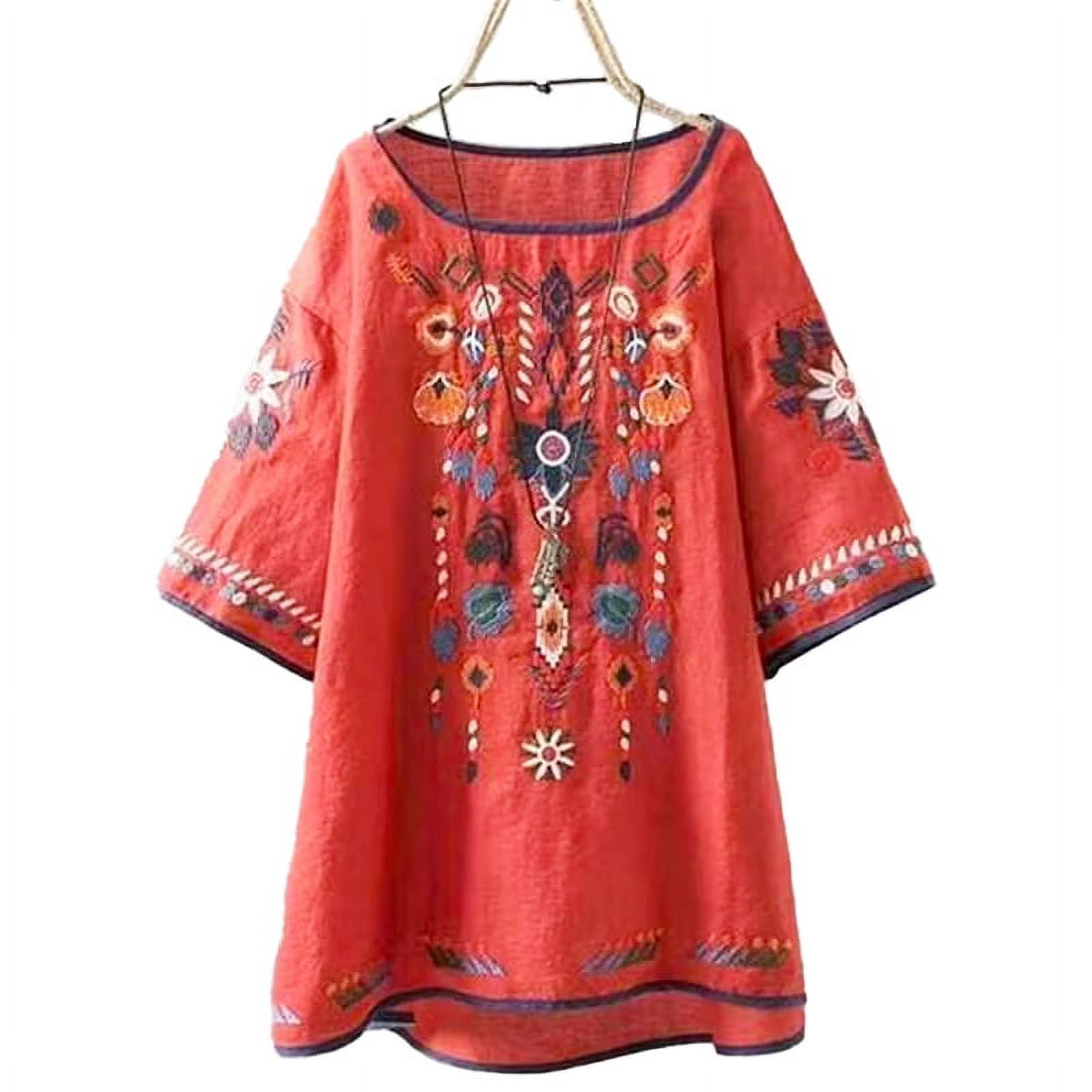 TUGOXIE Boho Womens Tops Red Basic Casual Embroidered Blouses for Women ...