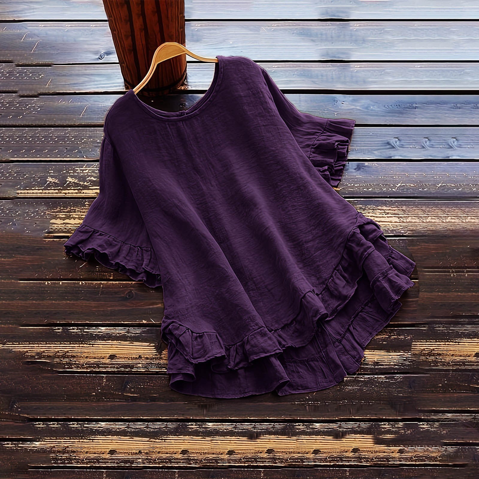 TUGOXIE Button Womens Short Sleeve Tops Flowy Linen Purple Loose High ...