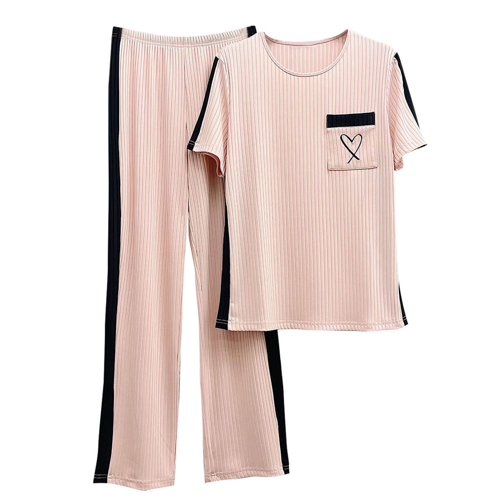 TUGOXIE Pajamas for Women Set Pink Casual Hearts Short Sleeve ...