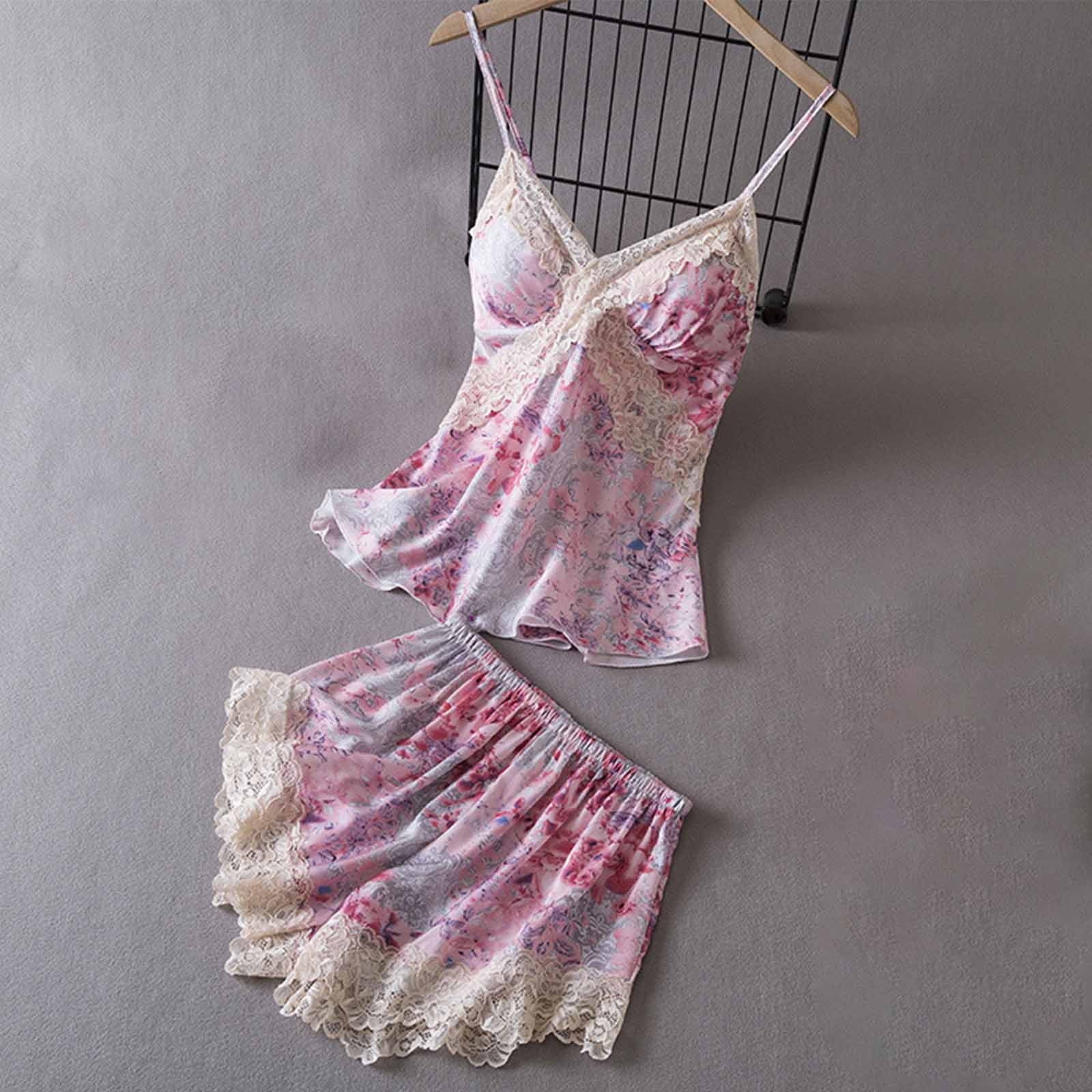 TUGOXIE Pink Women Pajamas Sets Halter Lace Casual Sheer Sleepwear ...