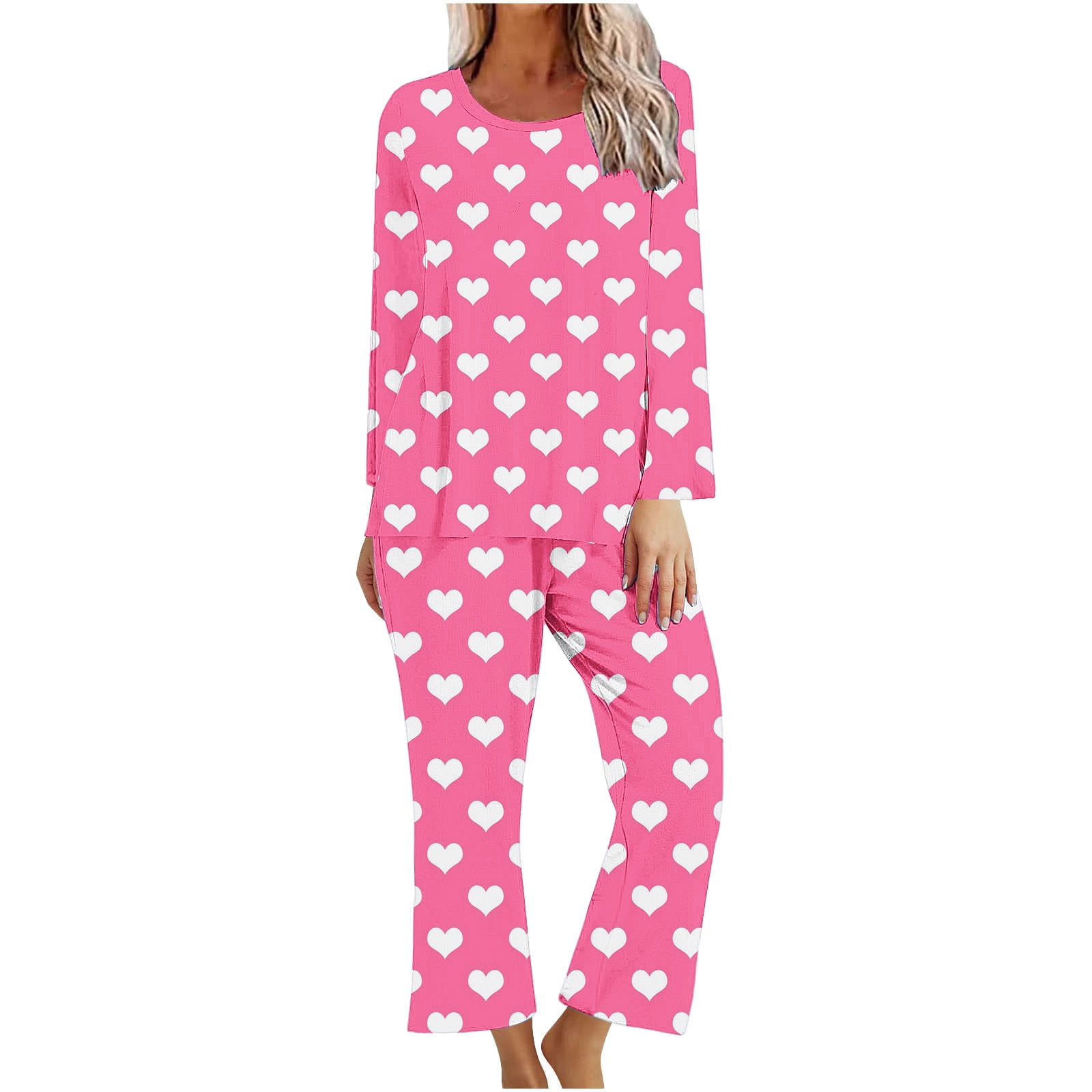 TUGOXIE Pink Women's Pajamas Valentine Love Heart Print Pockets ...