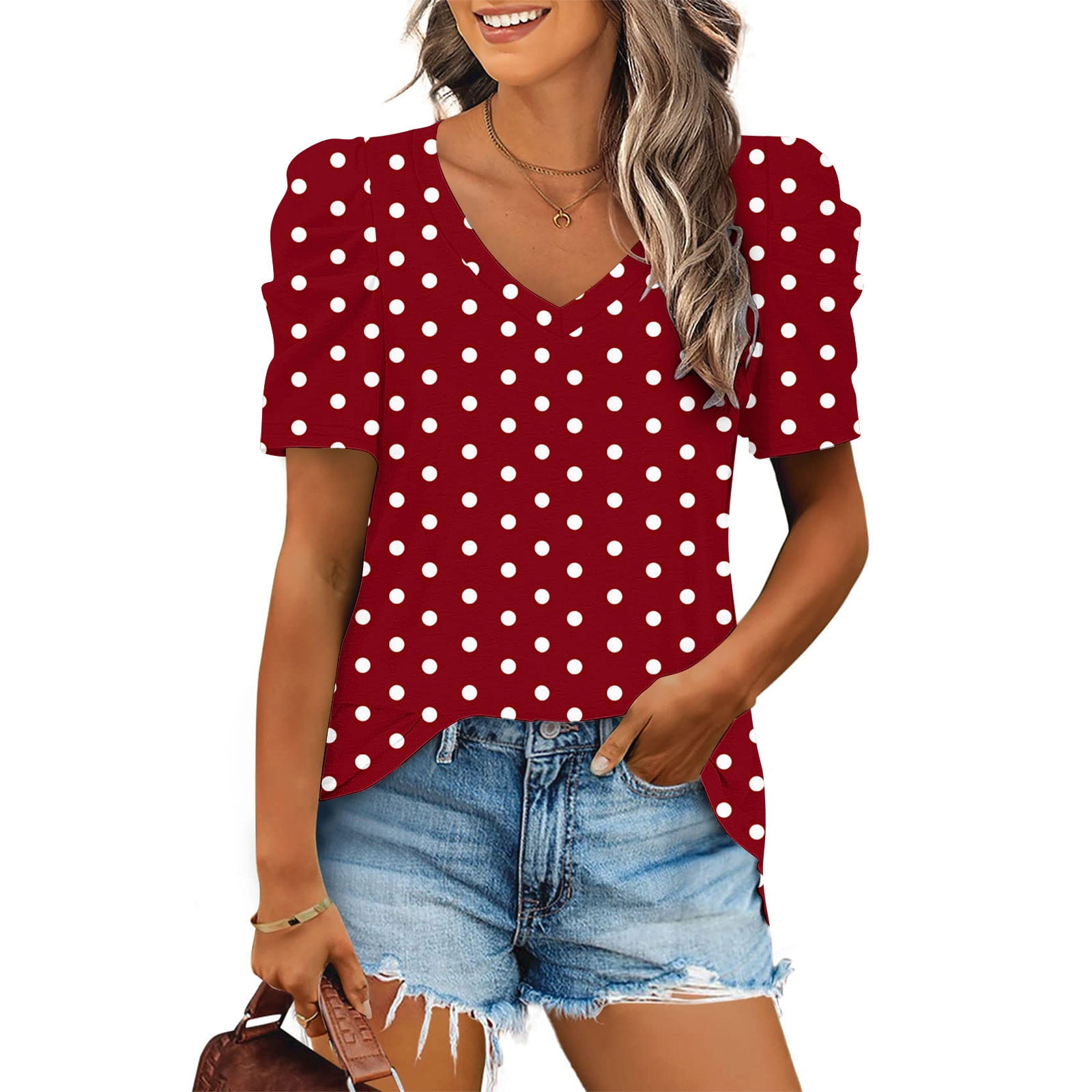 TUGOXIE Summer Shirts for Women Red Short Sleeve Polka Dot Casual Tunic ...