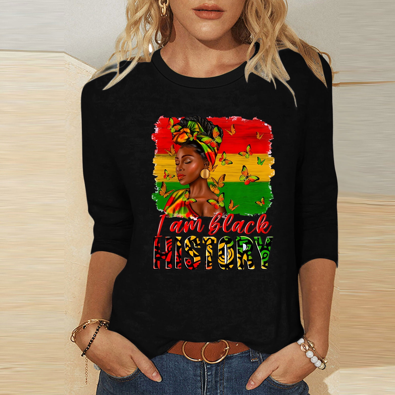 TUGOXIE Tube Womens Shirts Tunic Black 3/4 Sleeve Fitted Graphic Black ...