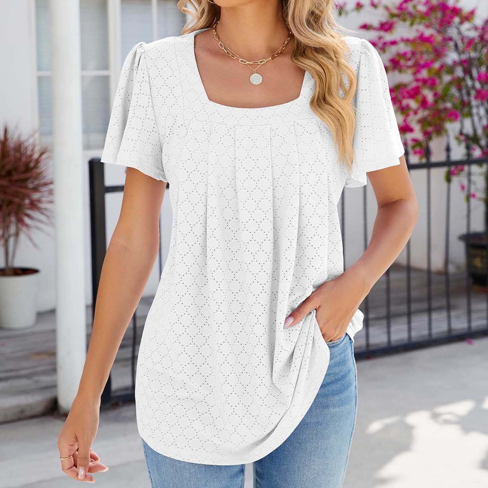 TUGOXIE White Summer Tops Loose Fit Tunic Short Sleeve Square Neckline ...