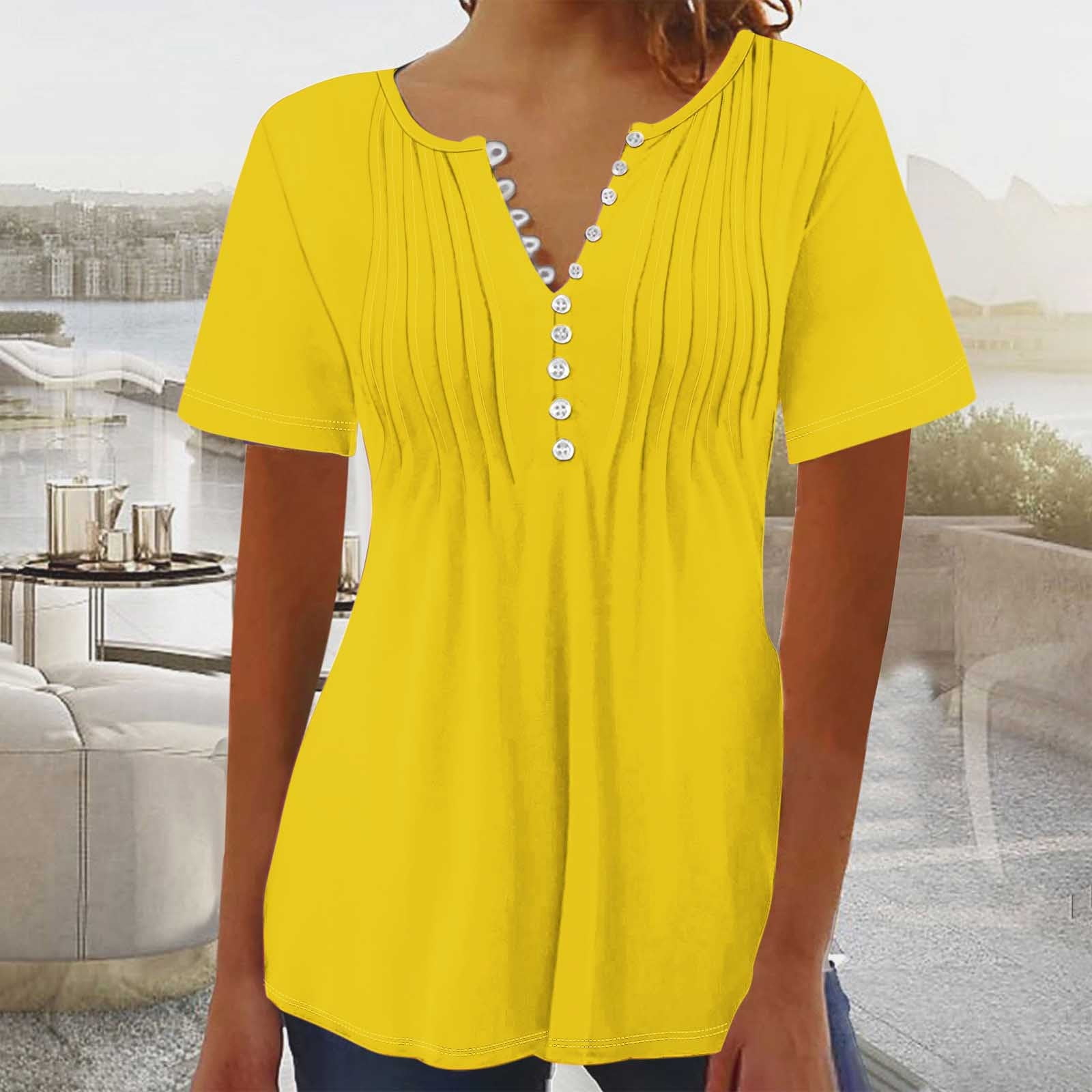 TUGOXIE Yellow Tops for Women 2024 Button Casual Loose Fit Boho Women's ...