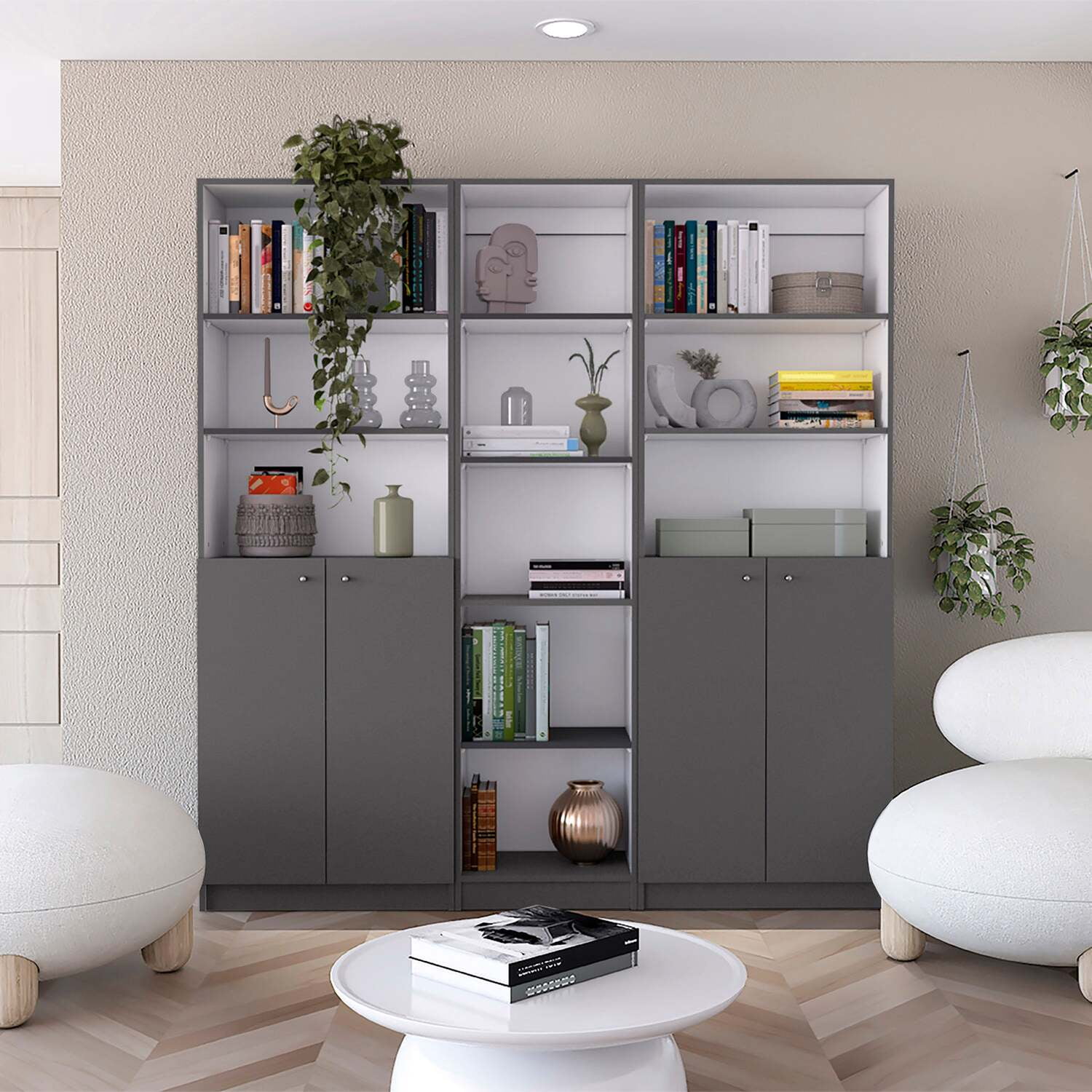 TUHOME Acres 3 Piece Living Room Set with 3 Bookcases Matt Gray White ...