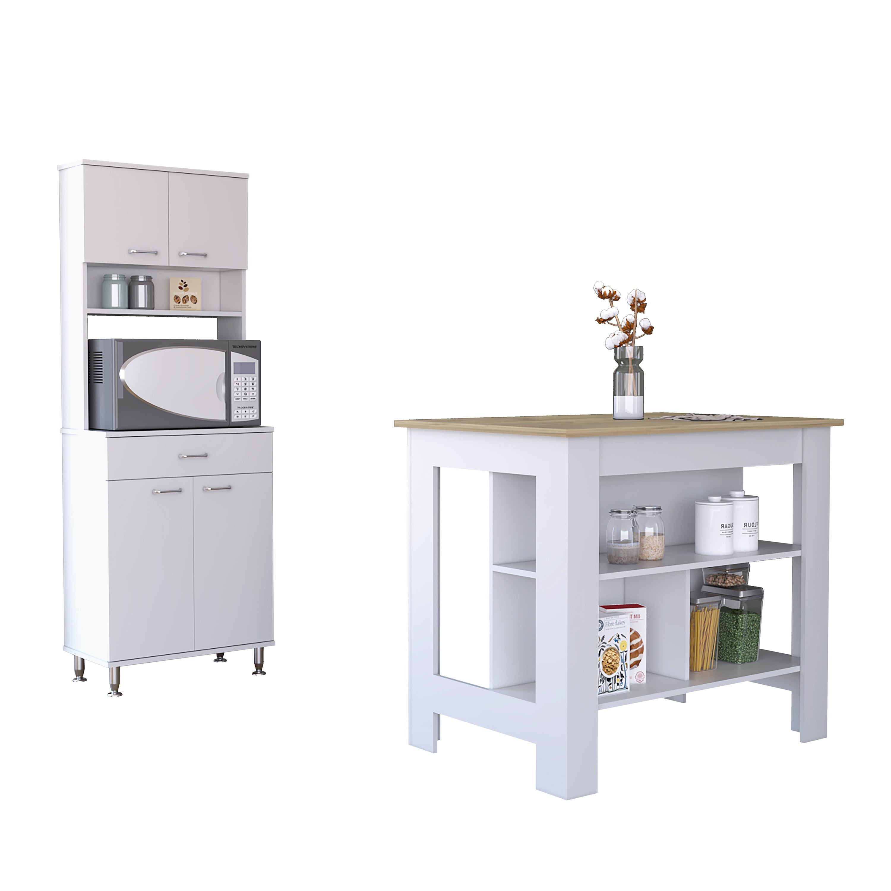Cala 2 Piece Kitchen Set, Cala Kitchen Island + Della 60 Pantry, White ...