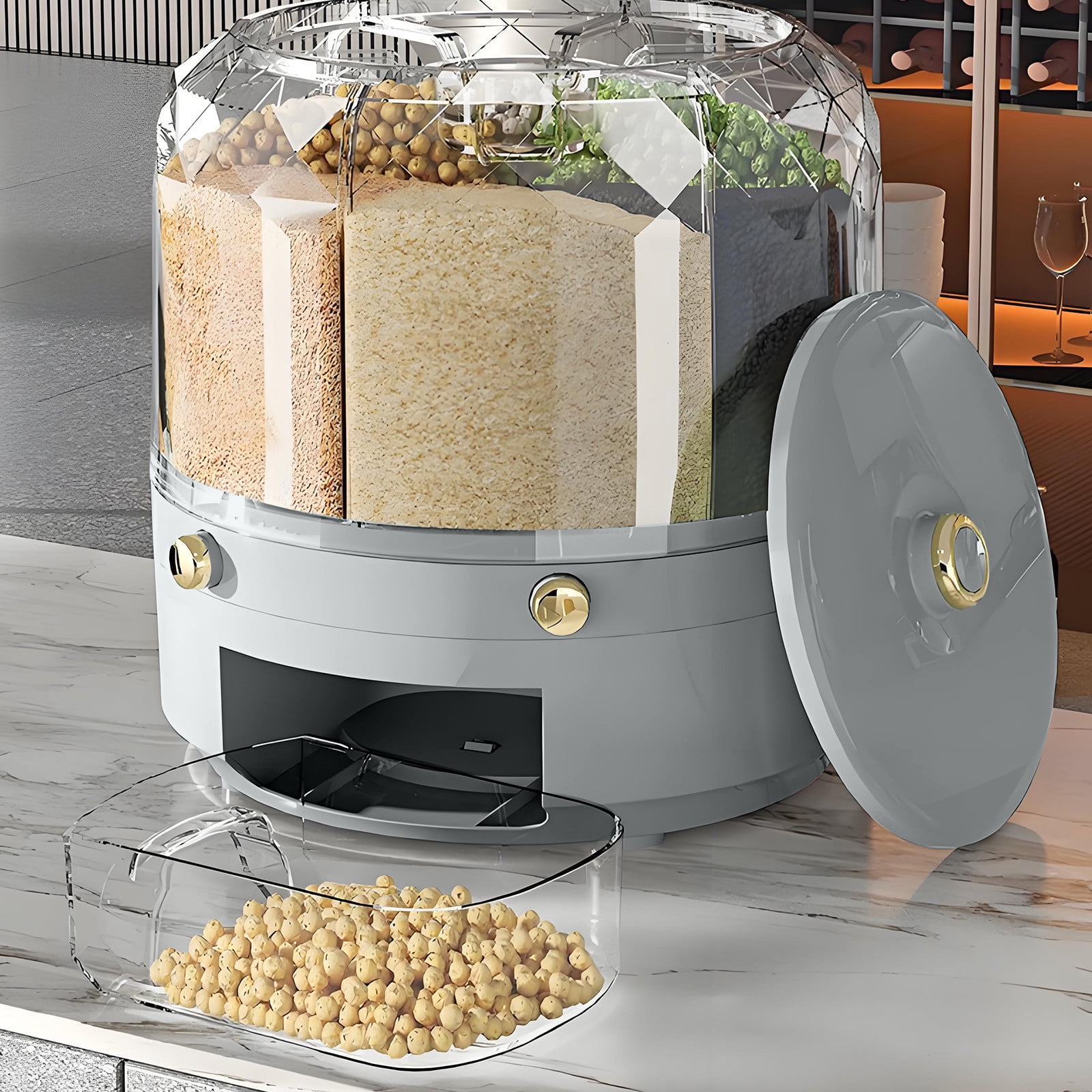 TUITOONM Rotating Rice Bucket 6 Grids Compartmentalised Rice Container ...