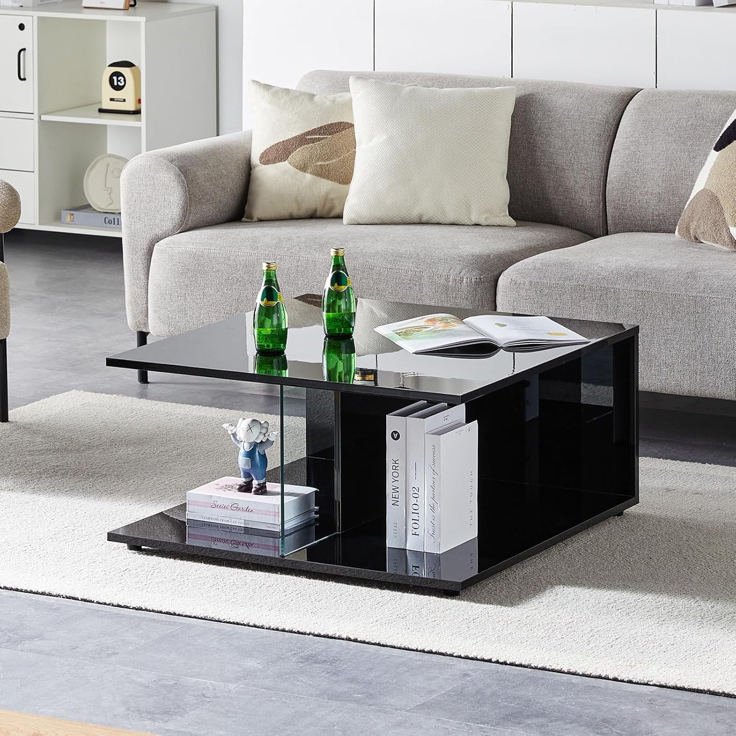TUKAILAi Square High Gloss Coffee Table, Modern Design C-Shaped Center ...