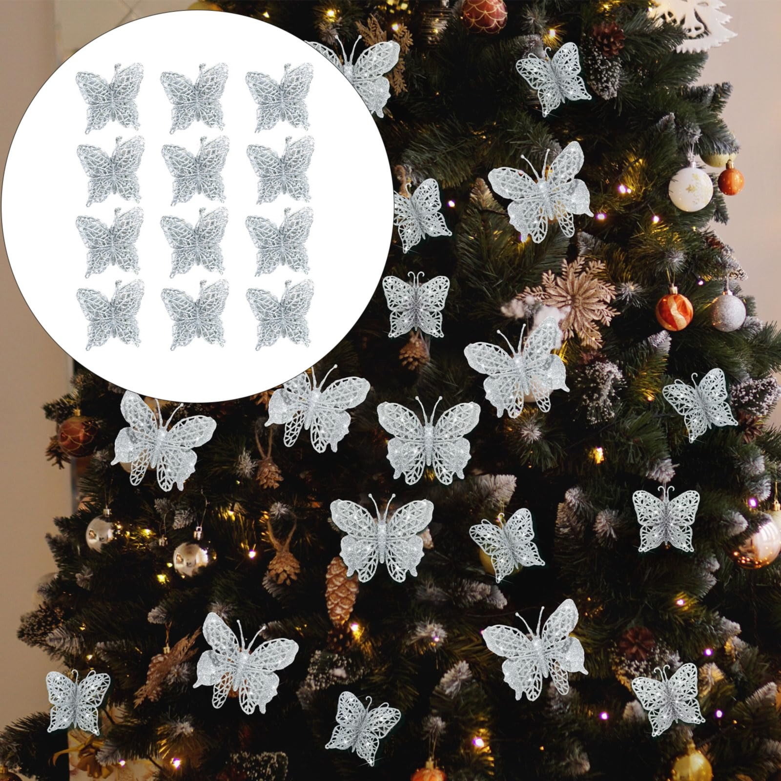 TULUDA 12 Pcs Glitter Christmas Tree Butterfly Ornaments, 2 Color ...