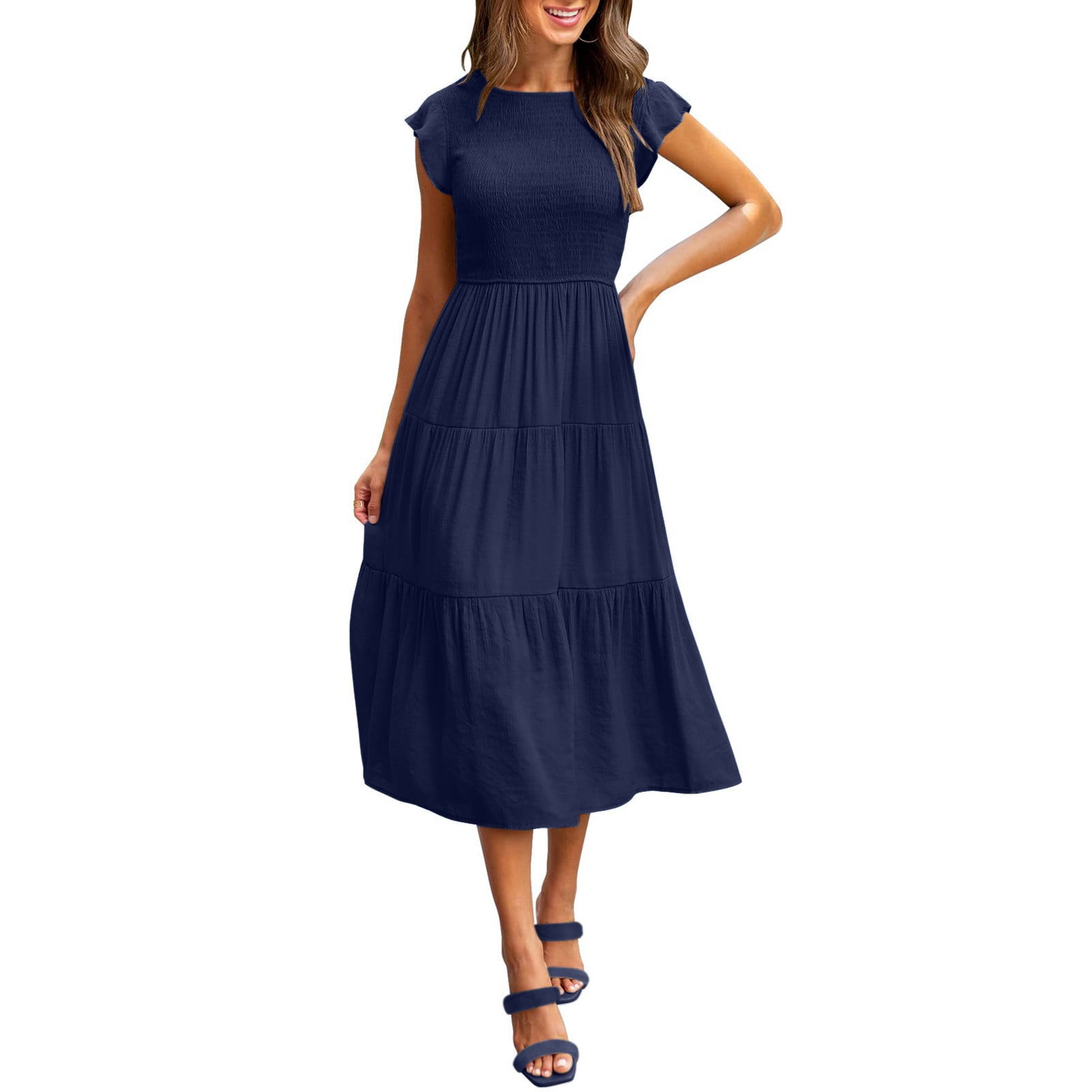 TULUDA Solid Color Dresses for Women Short Sleeve Crew Neck Long Dress ...