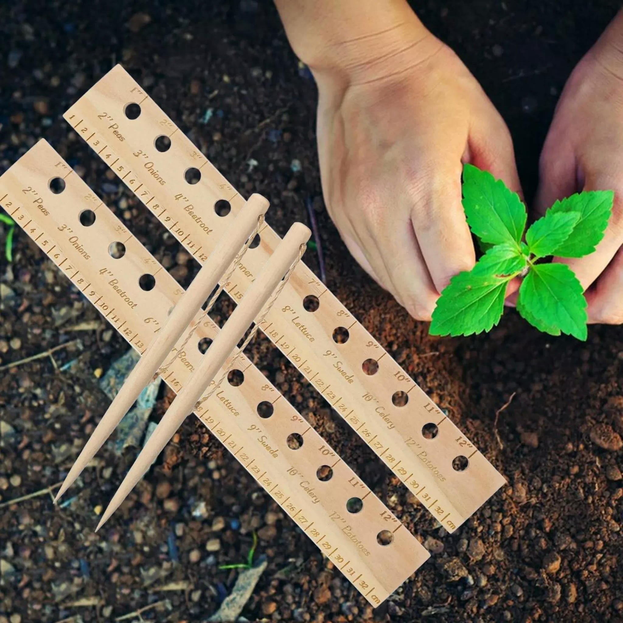 TUMALL 2x Planting Ruler and Dibber Wooden 12 inch Seeding Spacing and ...