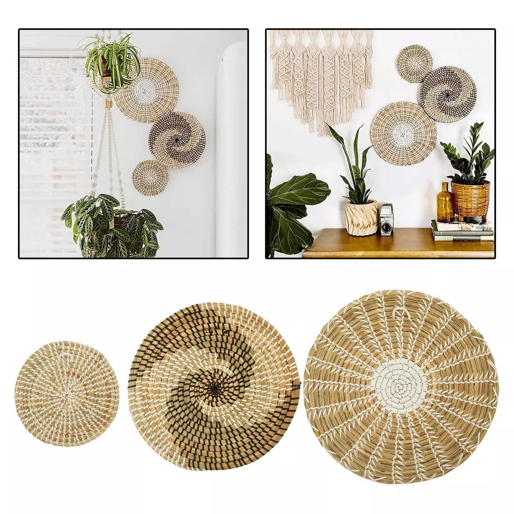 TUMALL 3Pcs Wall Basket Decor Bowl Rustic Rattan Flat Baskets Handmade ...