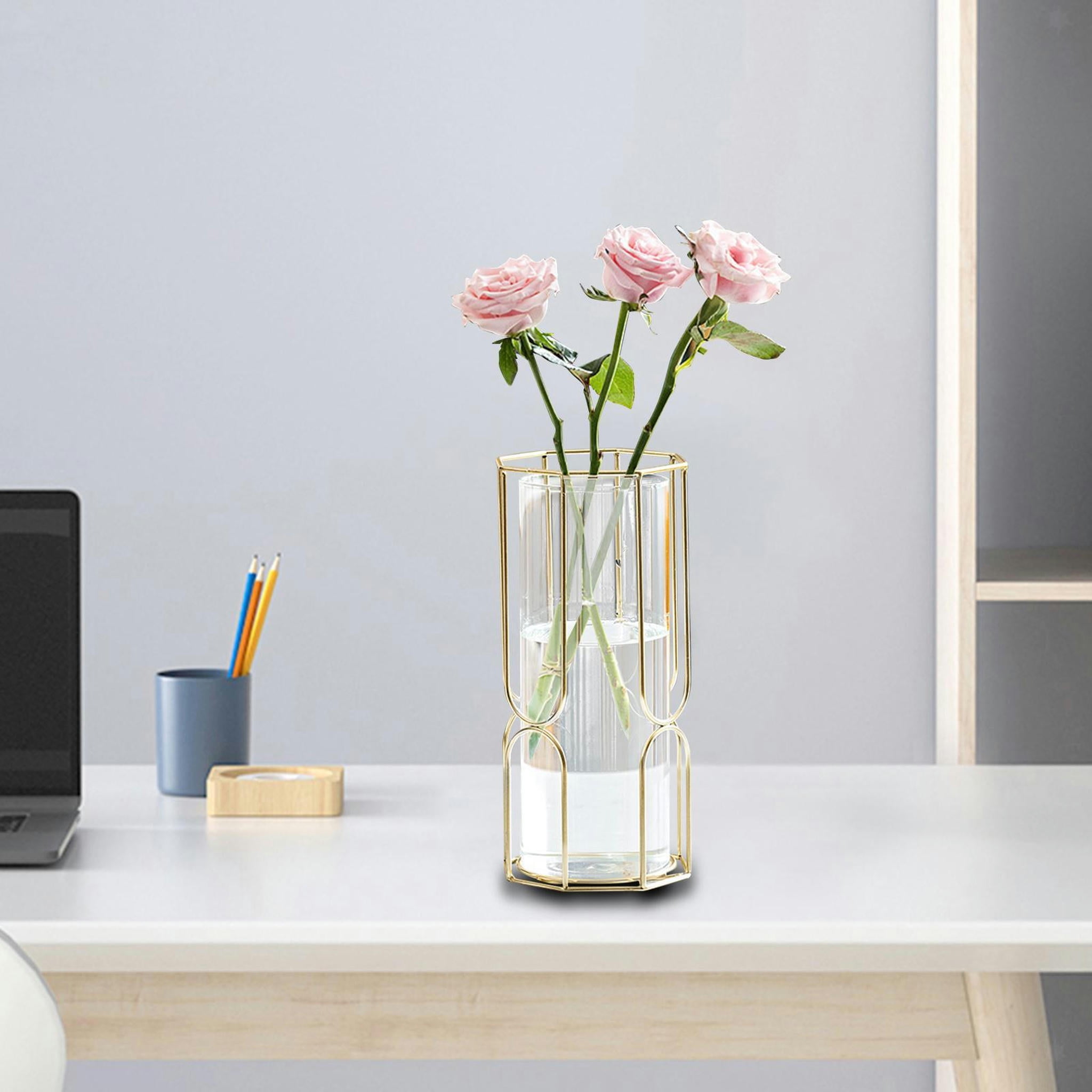 TUMALL Glass Flower Vase, Glass Tube Vase with Metal Rack Stand, Vase ...