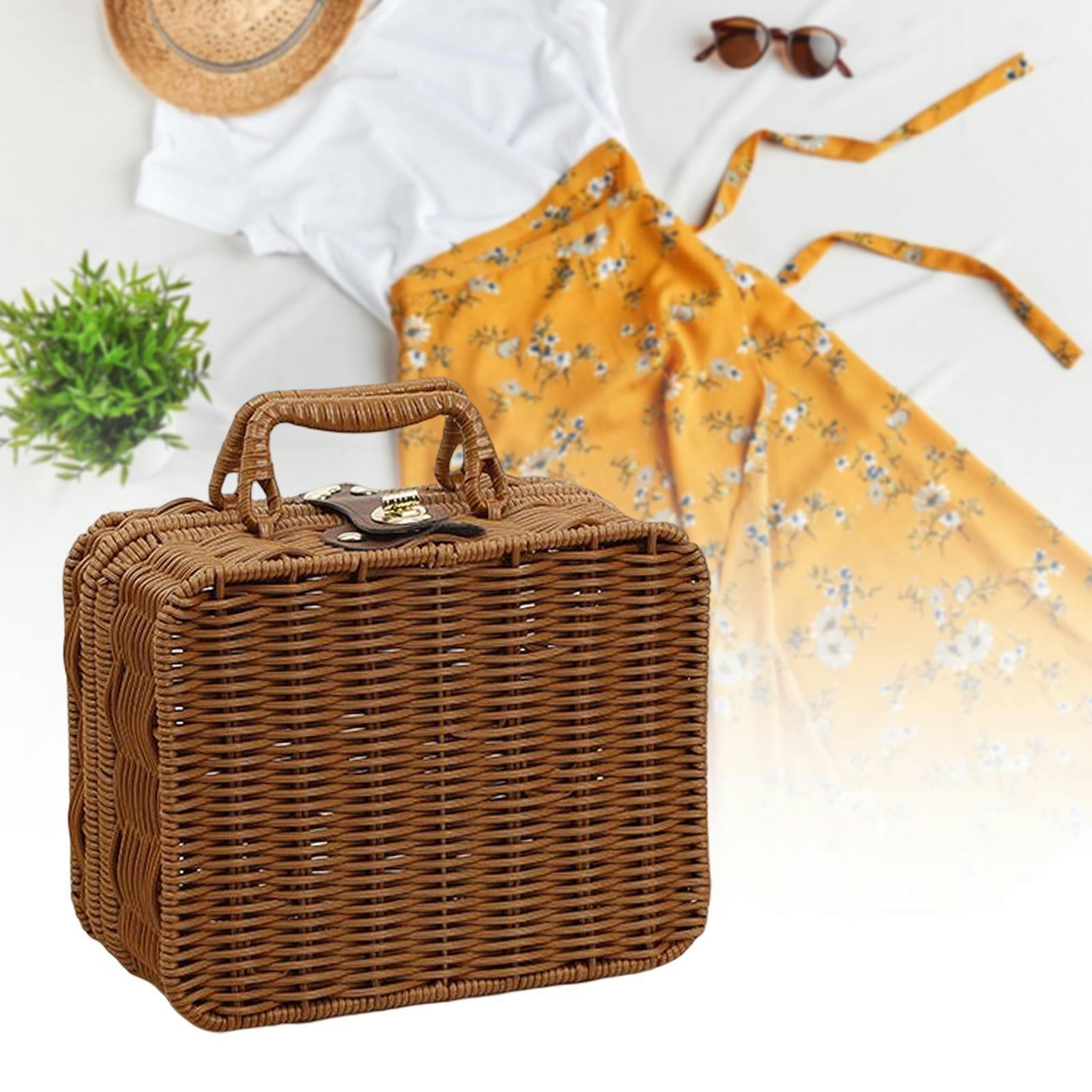 TUMALL Wicker Picnic Basket Cosmetic Organizer Straw Storage Box with ...