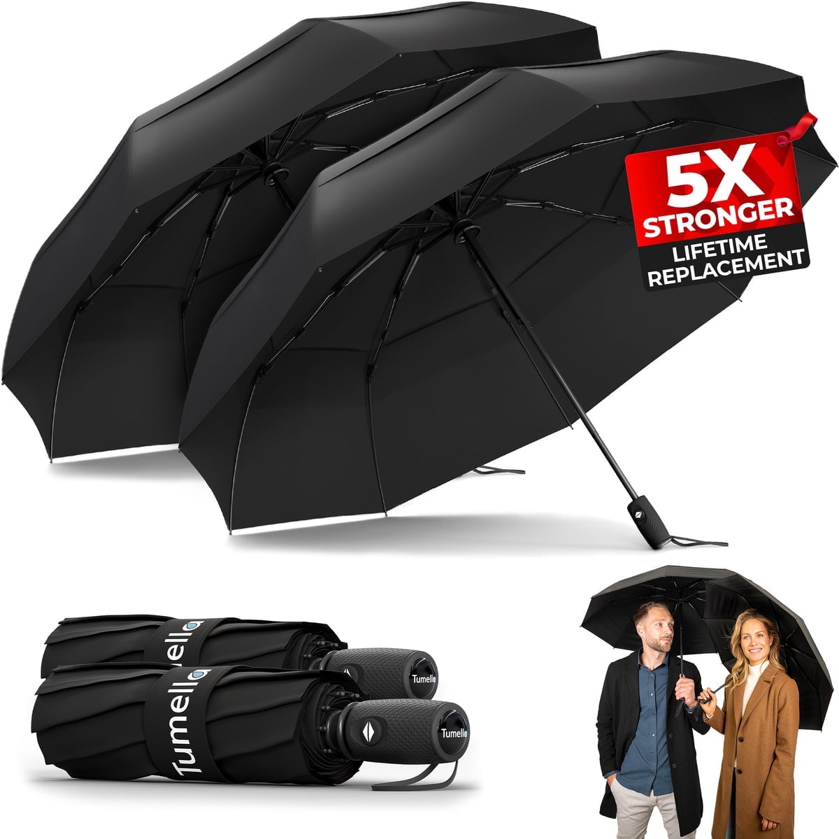 Tumella Windproof Rain Umbrellas, Black, 2 Pack - Walmart.com