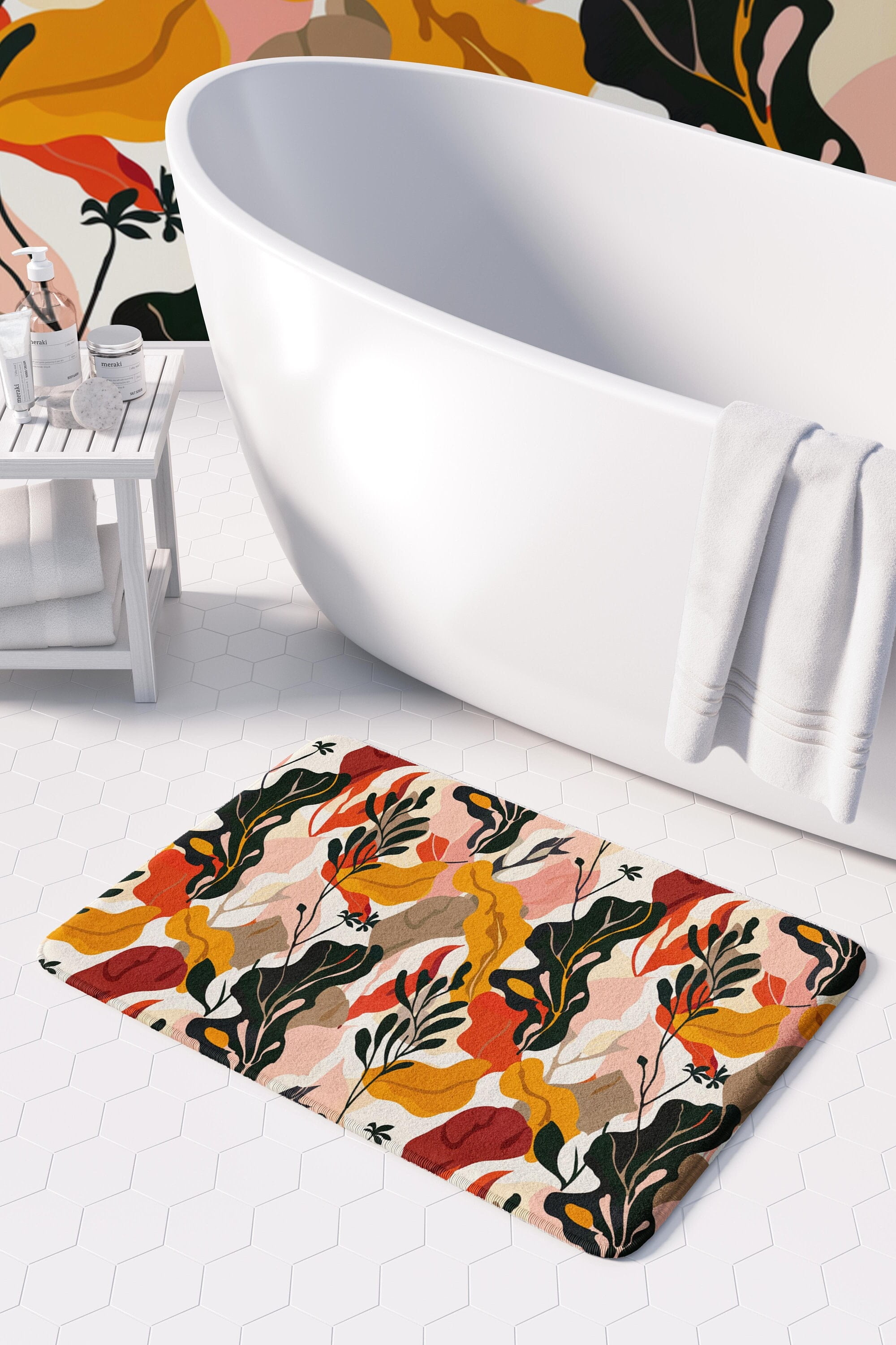 TUNIU Boho Bath Mat with Colorful Leaf Design | Non-Slip, Chic Nature ...