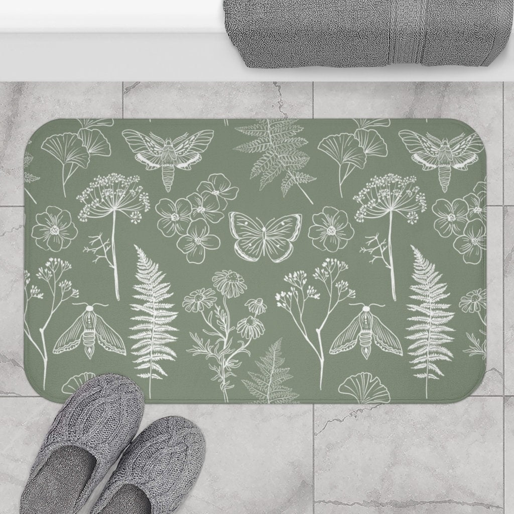 TUNIU Boho Sage Green Bath Mat - forest Bathroom Decor，Moth Bath Mat ...