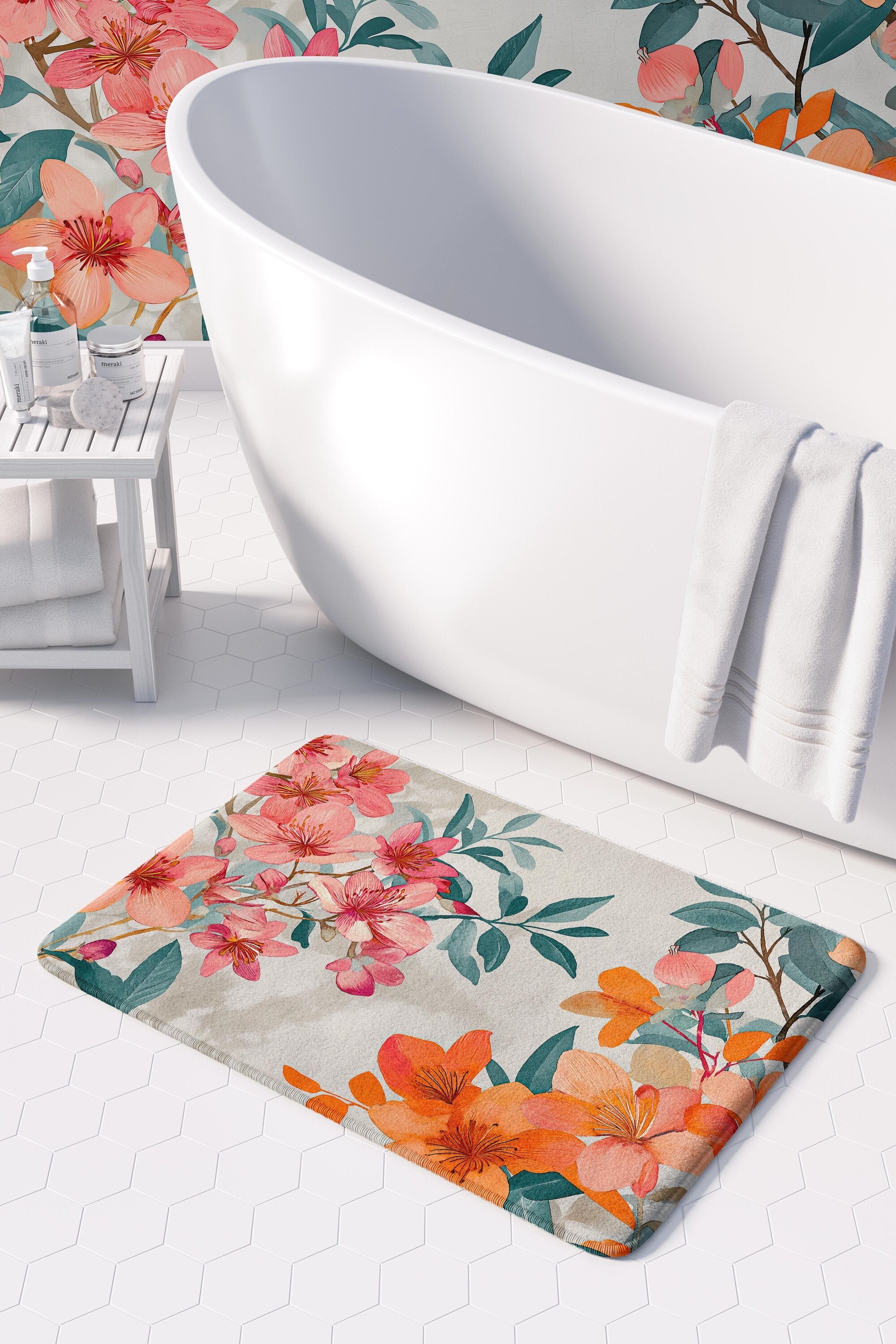 TUNIU Cherry Blossom Bath Mat - Soft Pink Floral Bathroom Rug, Elegant ...