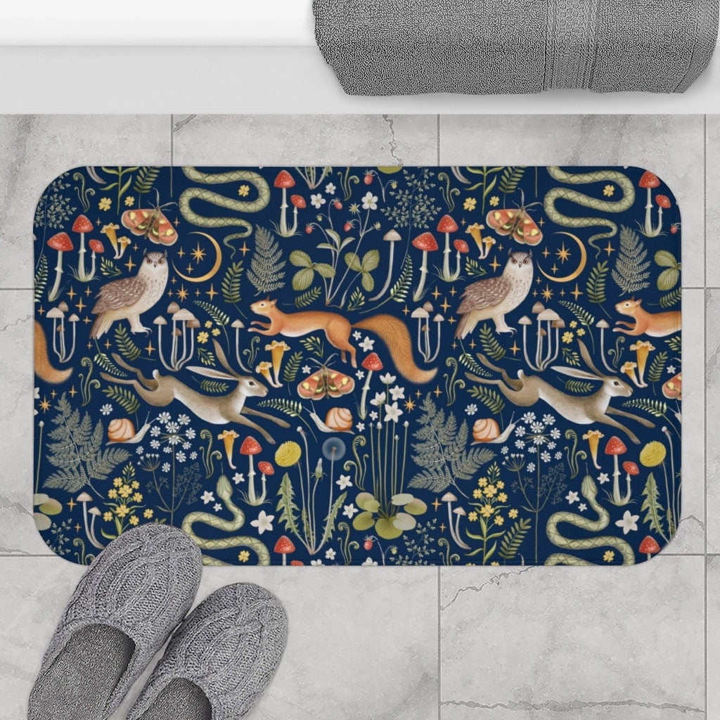 TUNIU Dark Blue forest Animal Bath Mat - Magic forestcore Bathroom ...