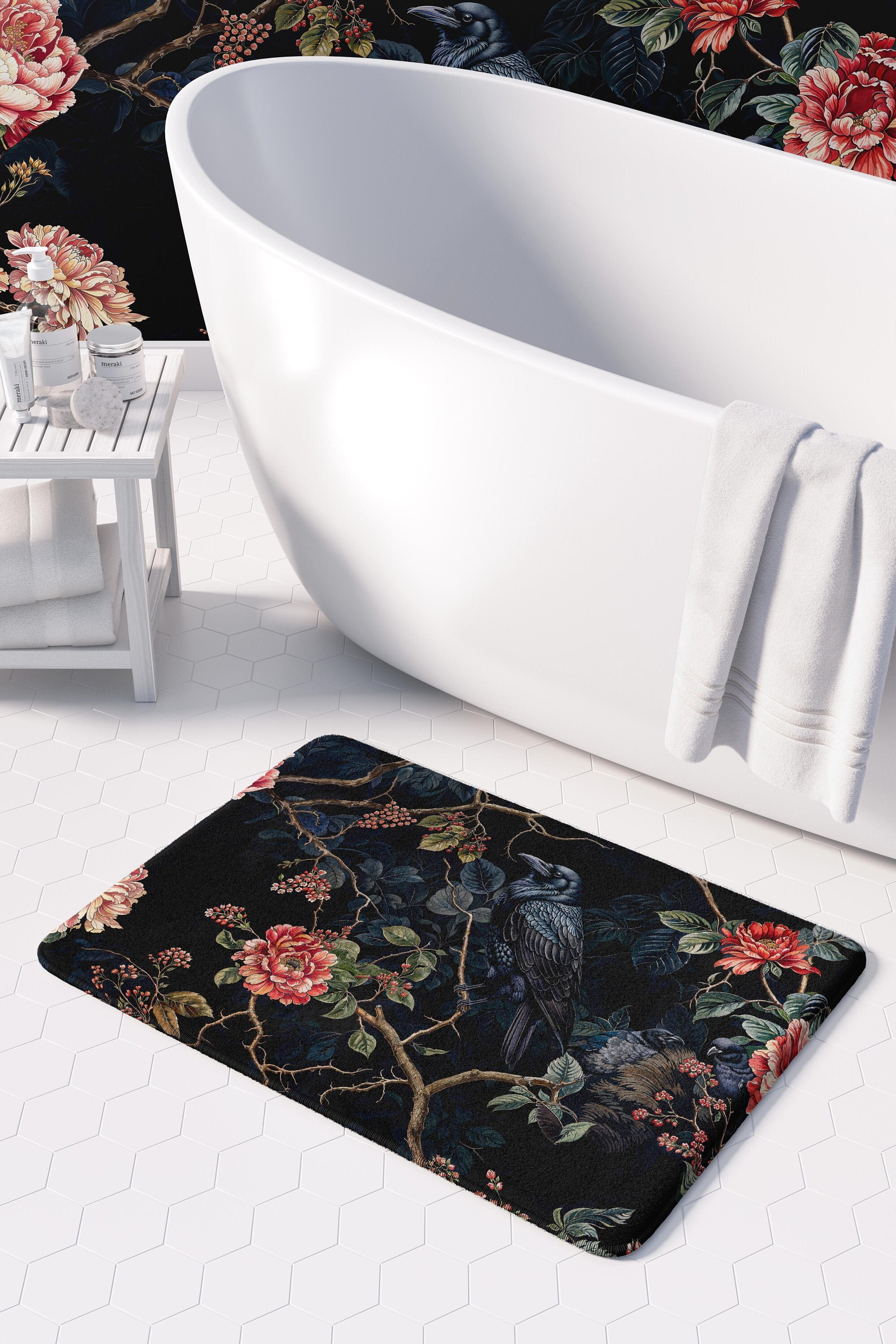 TUNIU Gothic Memory Foam Bath Mat, Luxurious Dark Floral Design for ...