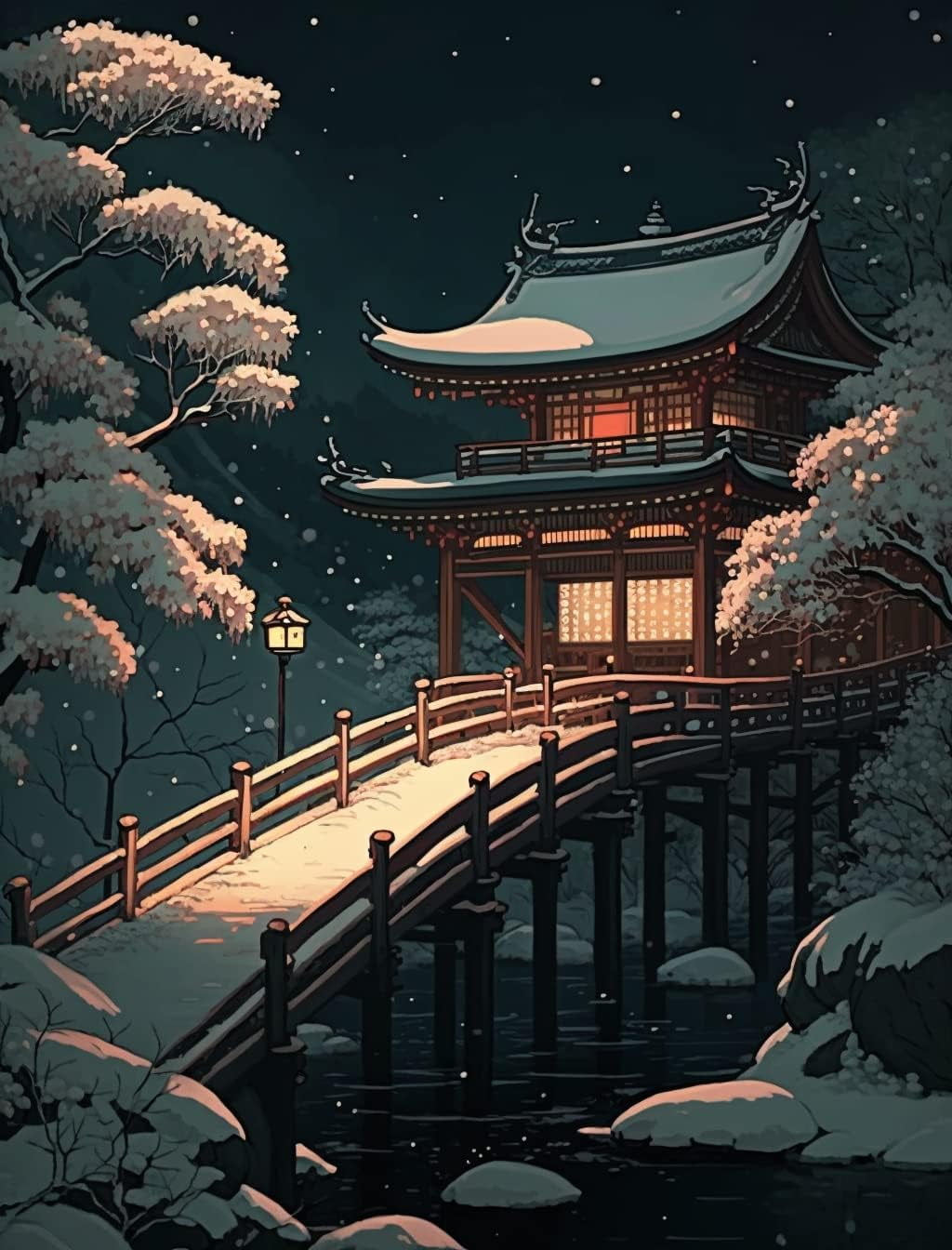 TUNIU Jigsaw Puzzles Japanese Style Bridge Pavilion，Winter Snowy Night ...