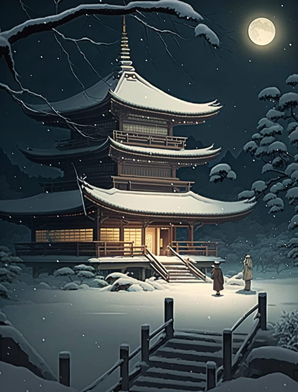 TUNIU Jigsaw Puzzles Snowy Pavilion - Moonlight Architecture Wooden ...
