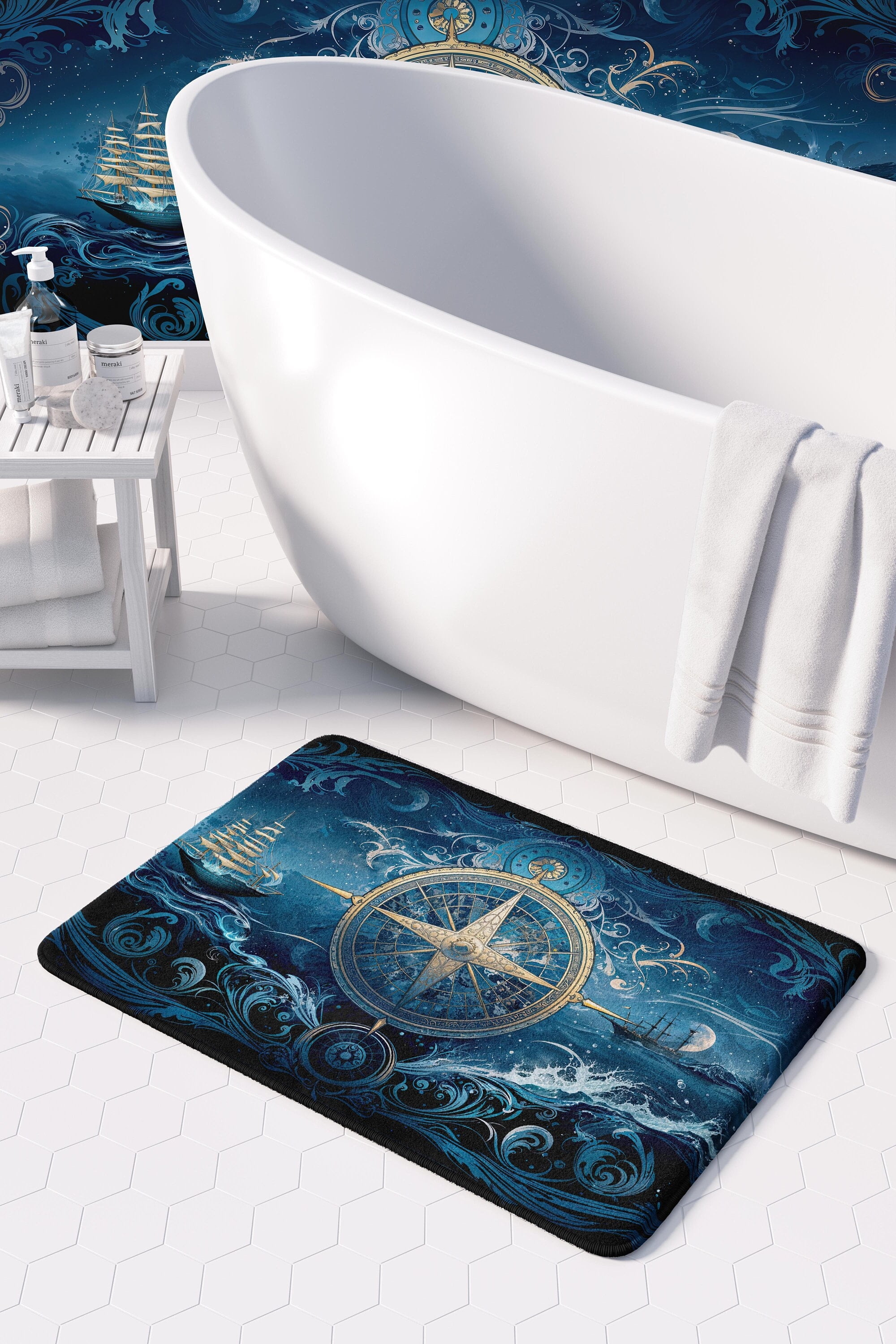 TUNIU Ocean Memory Foam Bath Mat | Nautical Ship & Compass Design for ...