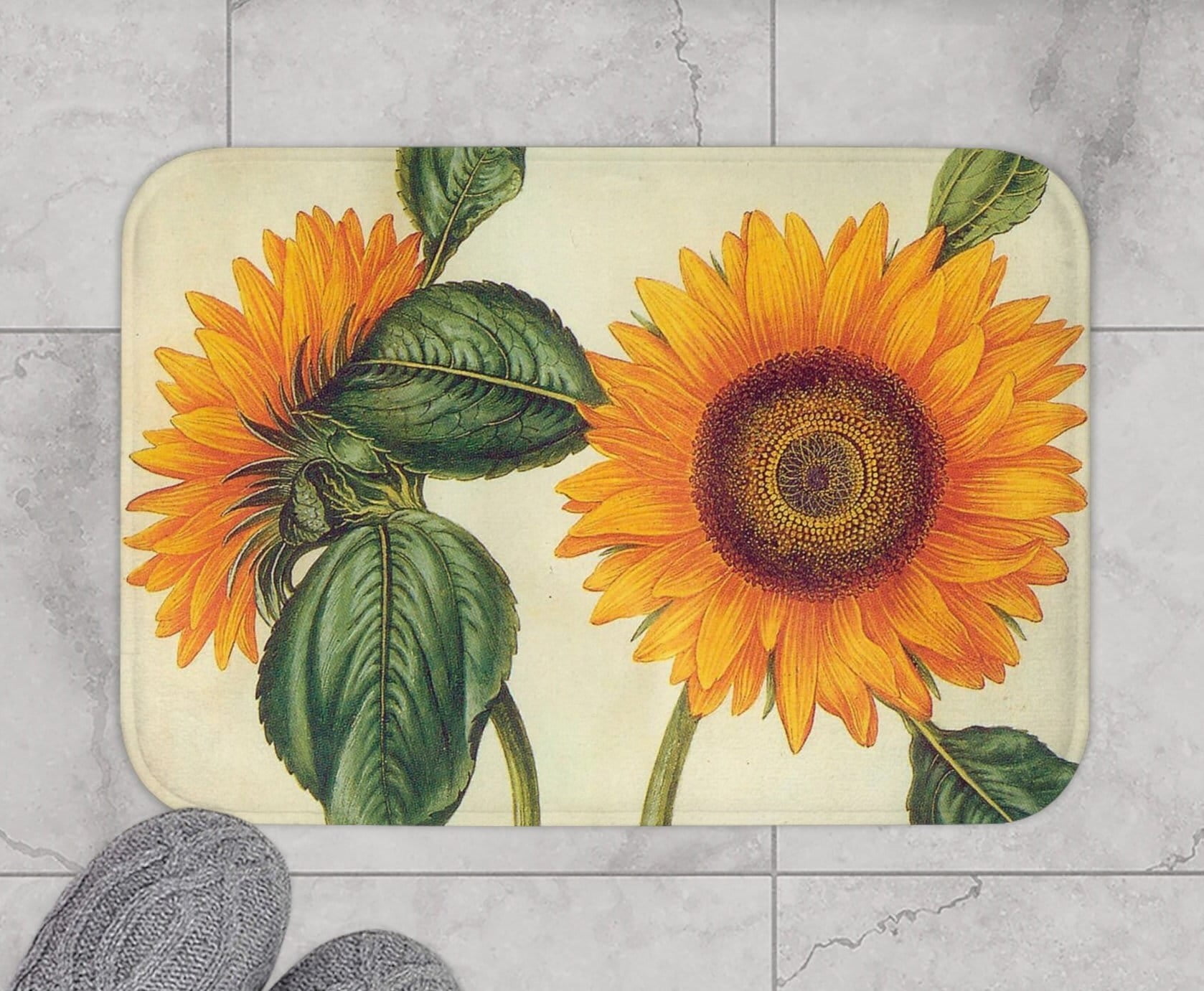 TUNIU Sunflower Bath Mat, Botanical Floral Bathroom Mat, Vintage Yellow ...