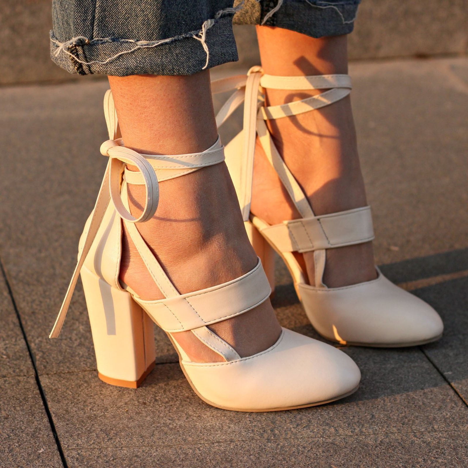 TUOBARR Sandals Women Heels, Women Closed Toe Chunky Heel Ankle Strap ...