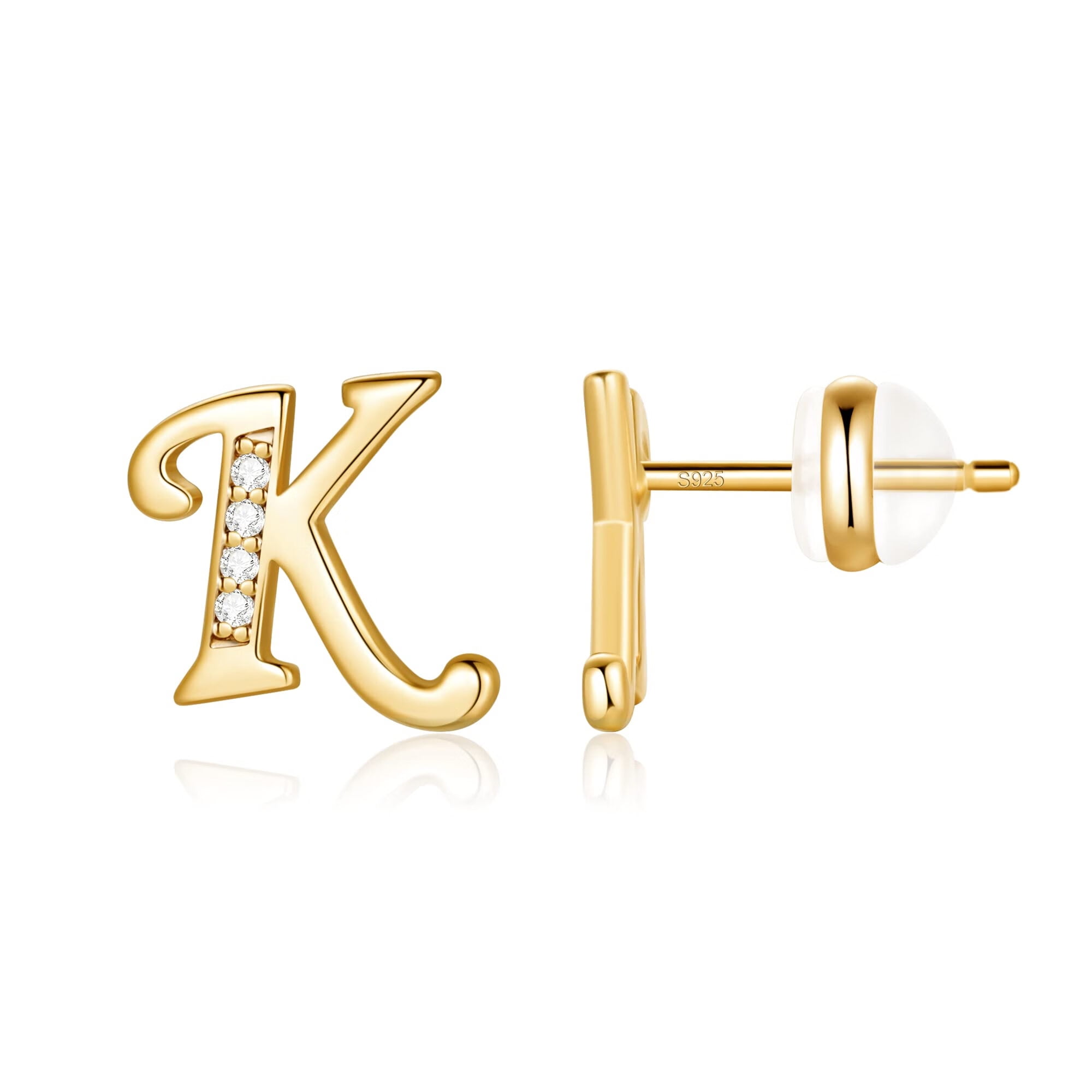 Turandoss Initial Stud Earrings, S925 Sterling Silver, 14K Gold Plated, Hypoallergenic, Cubic ...