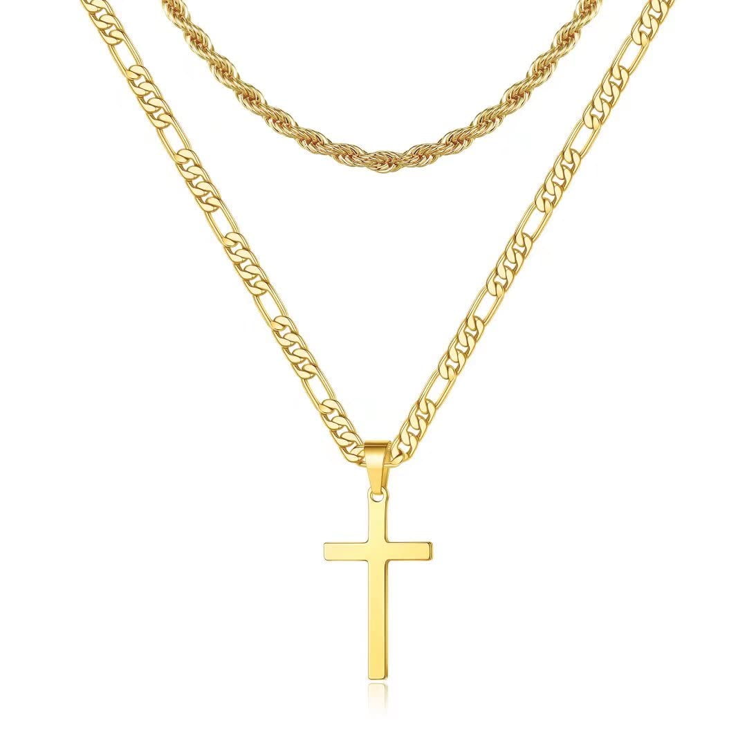 TURANDOSS Layered Cross Necklace for Men Layered Rope Chain Figaro ...