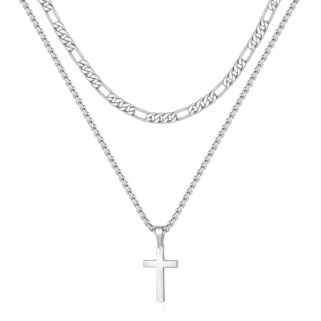 Turandoss Layered Cross Necklace for Men Silver Cross Necklace Layered ...