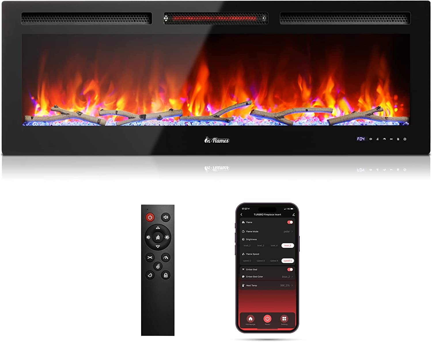 "TURBRO 50"" Smart WiFi Infrared Electric Fireplace, 1500W, Wall ...